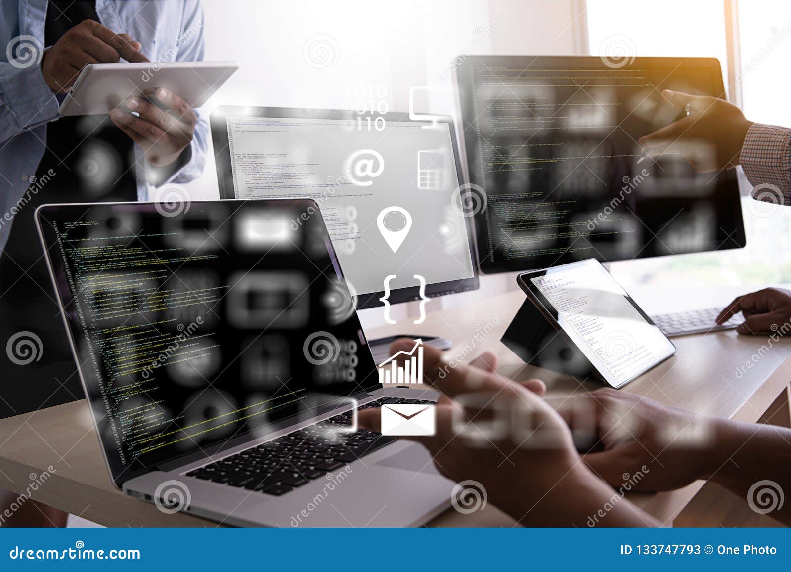 Man Work Coding Software Developer Programmer Is Coding On A Desktop Computer Stock Image