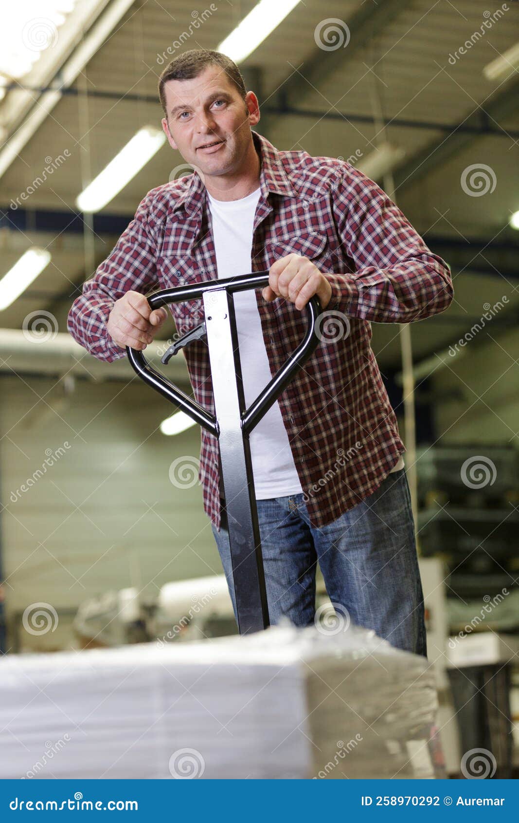 Man Work on Fork Lifter with Pallet in Warehouse Stock Photo - Image of ...