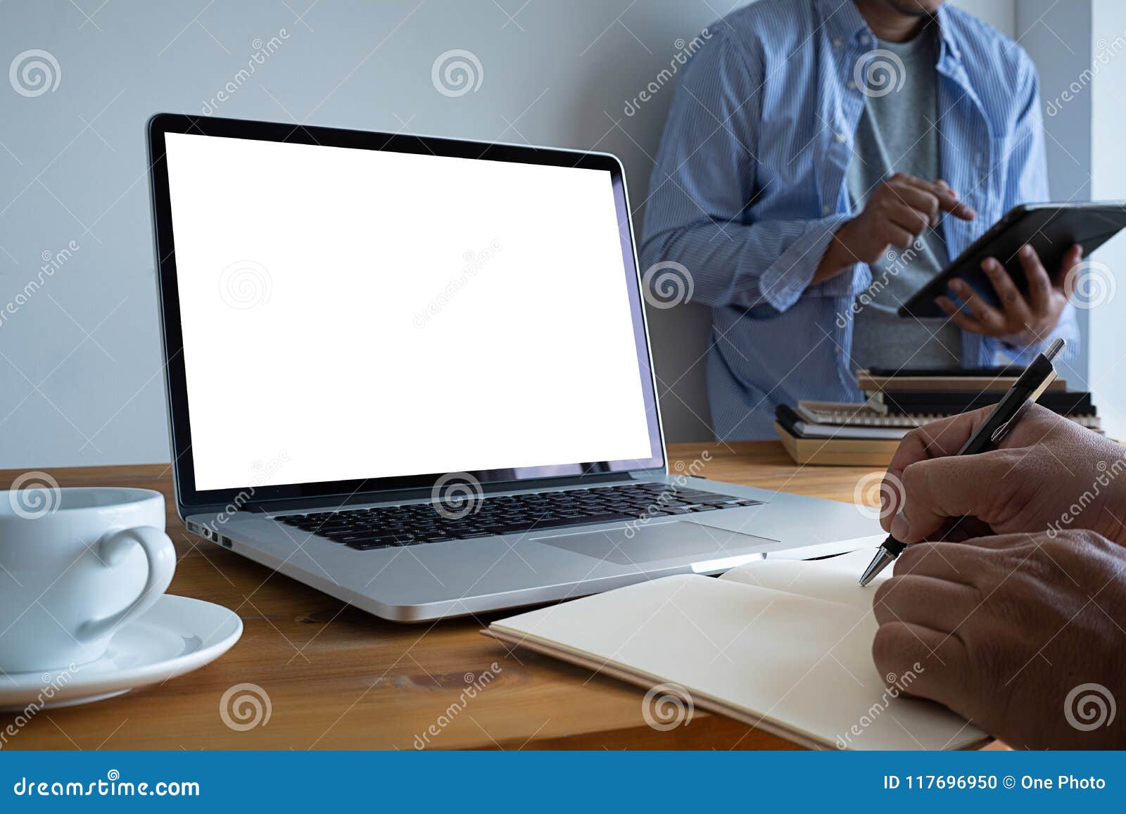 Man Work Hard Laptop with Blank Screen on Table. Workspace Background ...
