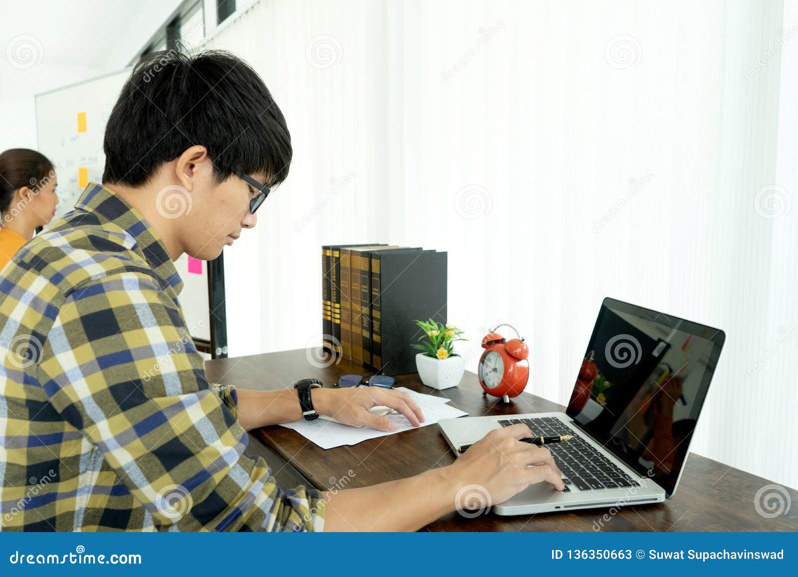 Man Work at Home with Her Computer and Paper Stock Image - Image of ...