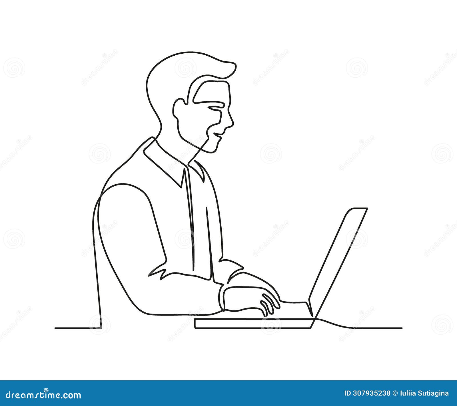 Man Work on Laptop, Continuous One Line Drawing. Learning or Business ...
