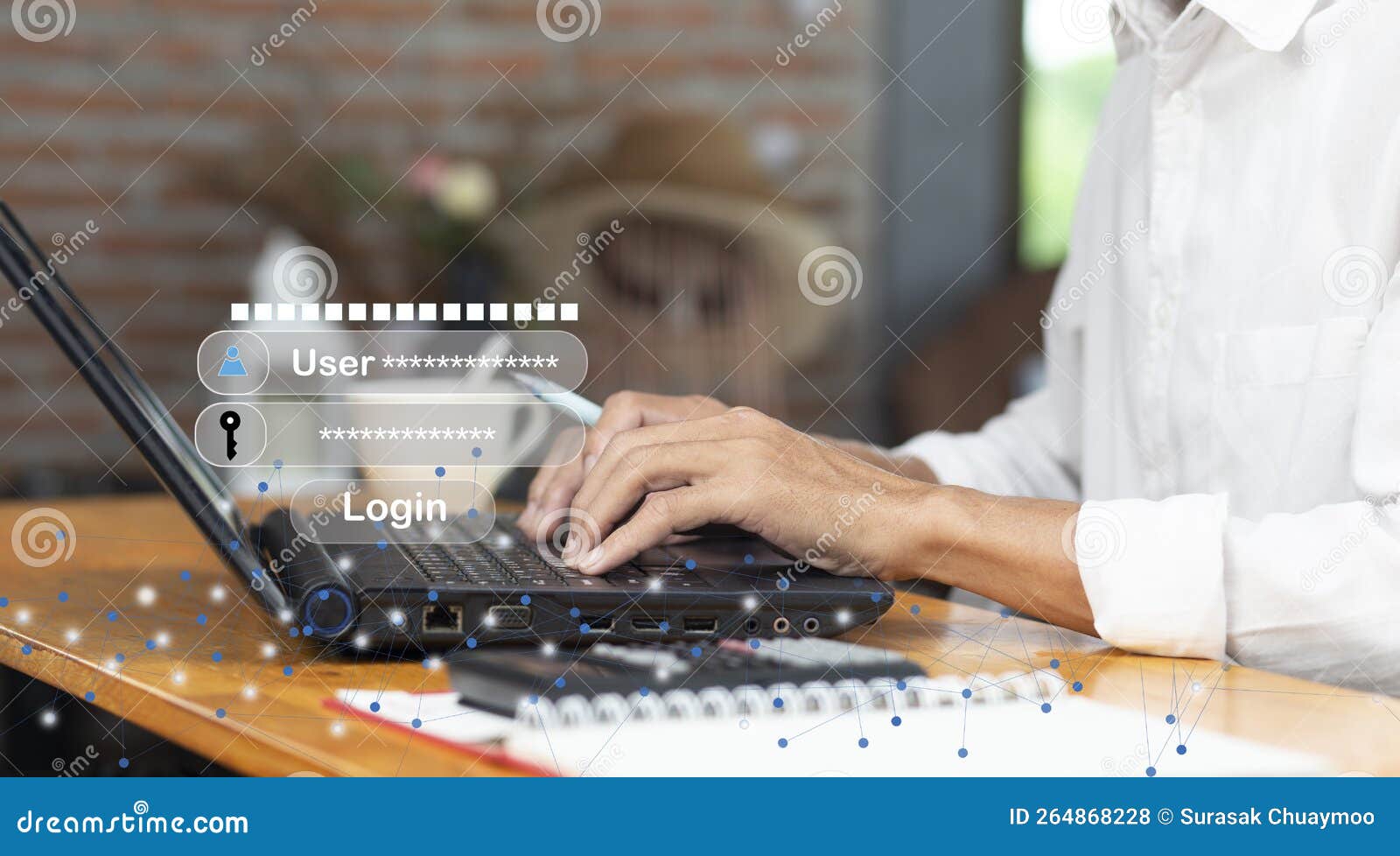 Man Work with Laptop and Security Protection Data Alert Password Lock ...