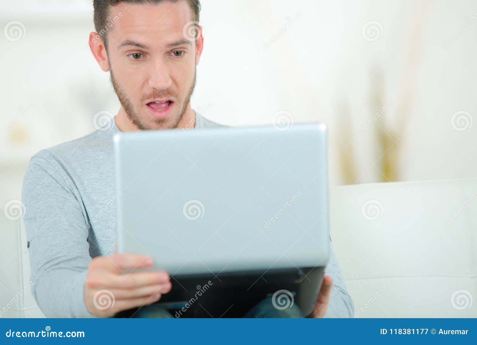 Man Work on Laptop Surprise Stock Image - Image of creativity, write ...