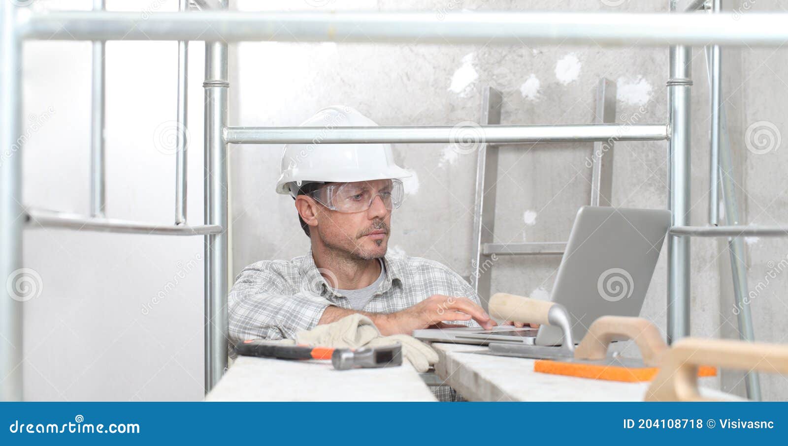 Man Work, Professional Construction Worker with Computer, Plastering ...