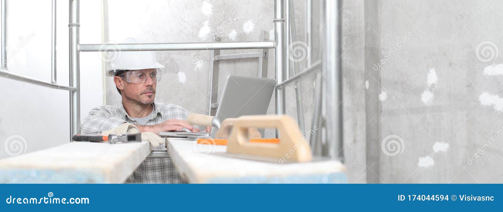 Man Work, Professional Construction Worker with Computer, Plastering ...