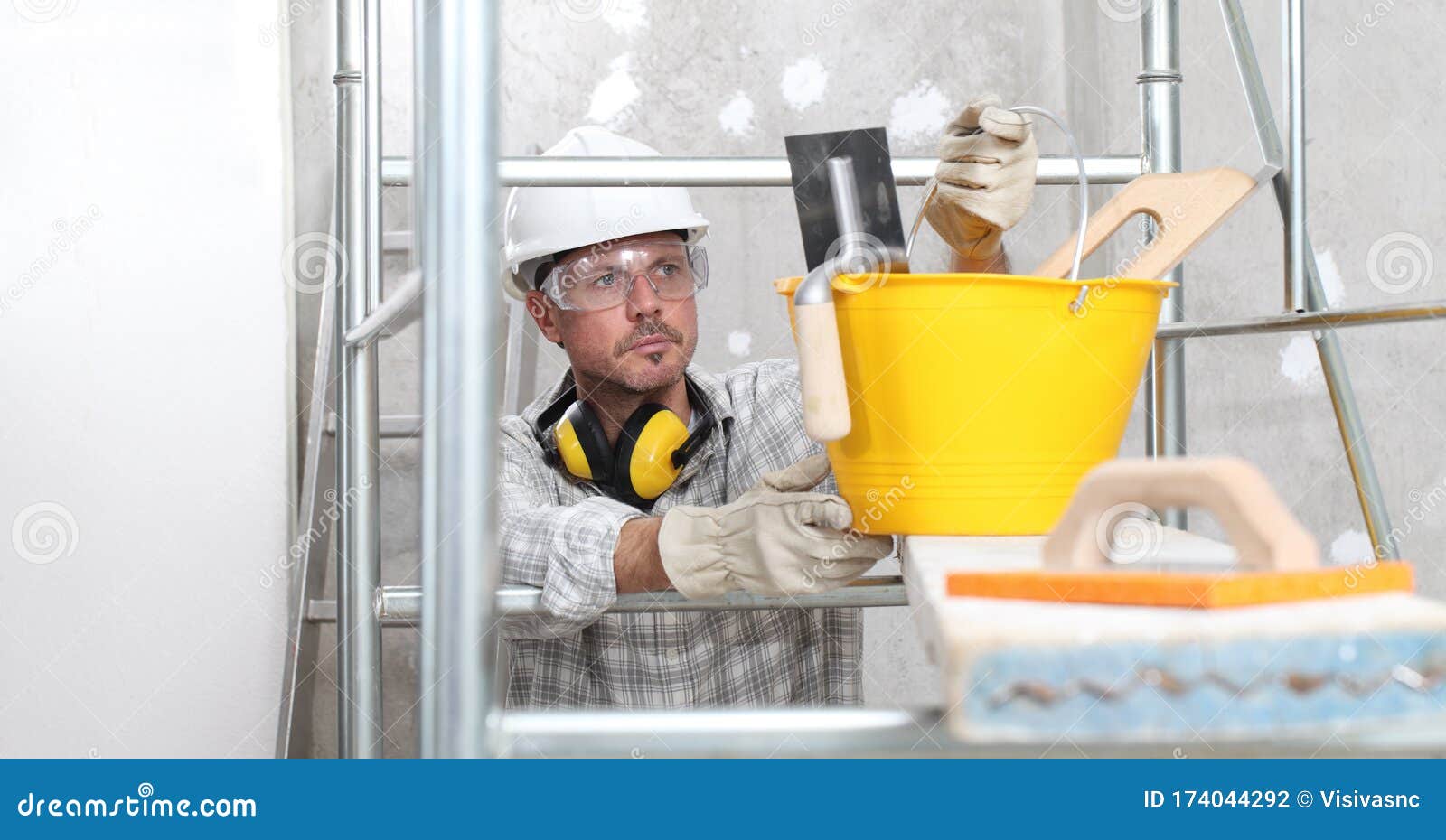 Man Work, Professional Construction Worker with Plastering Tools on ...