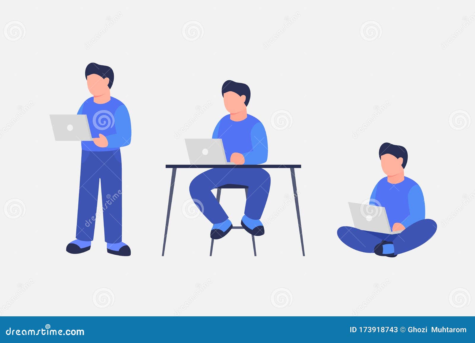 Man Work Using Laptop with Various Position Standing Sit and Sitting ...