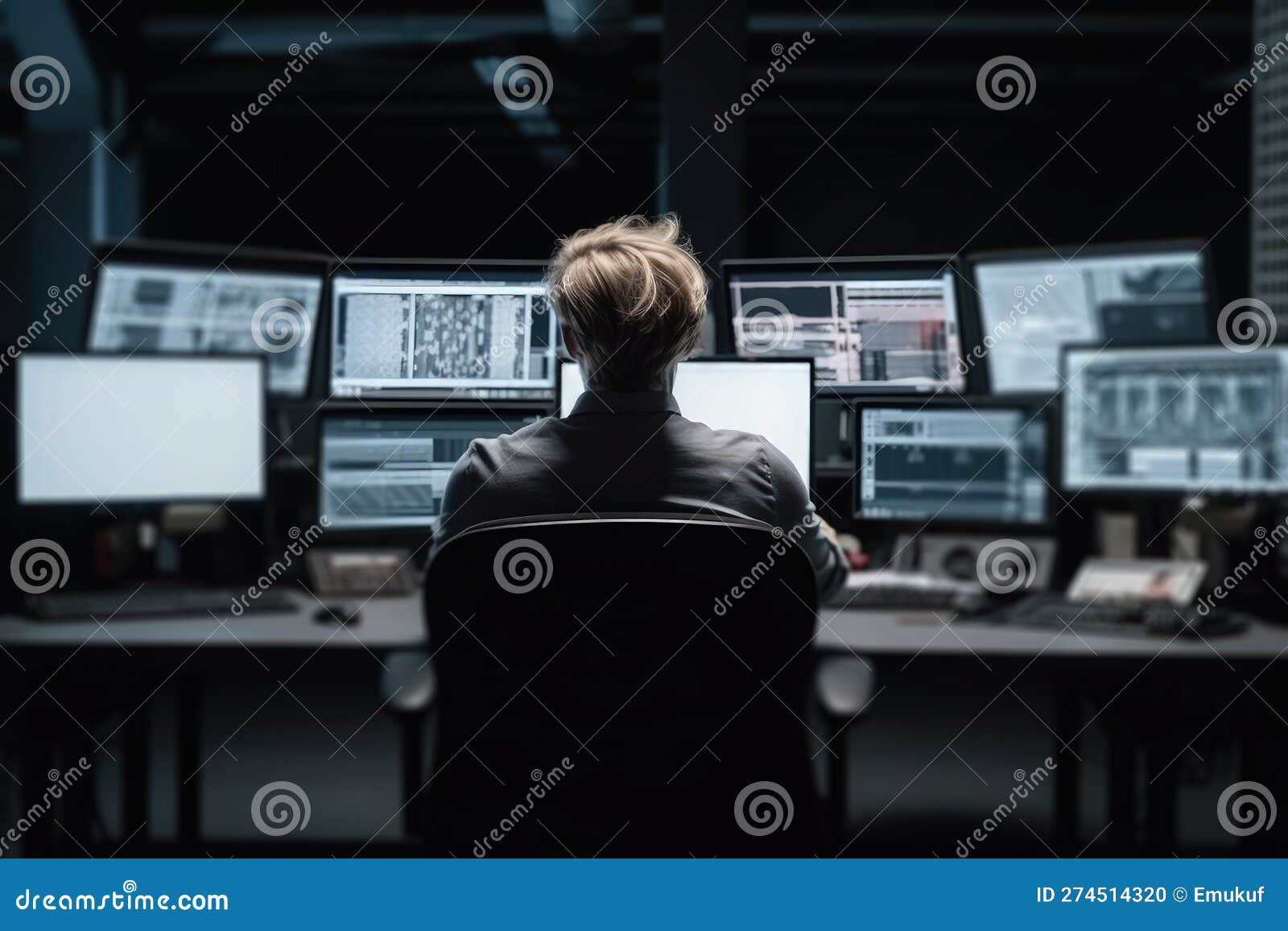 Man Work with Video Editor Works Behind Multiple Monitors Generative Ai Stock Illustration ...