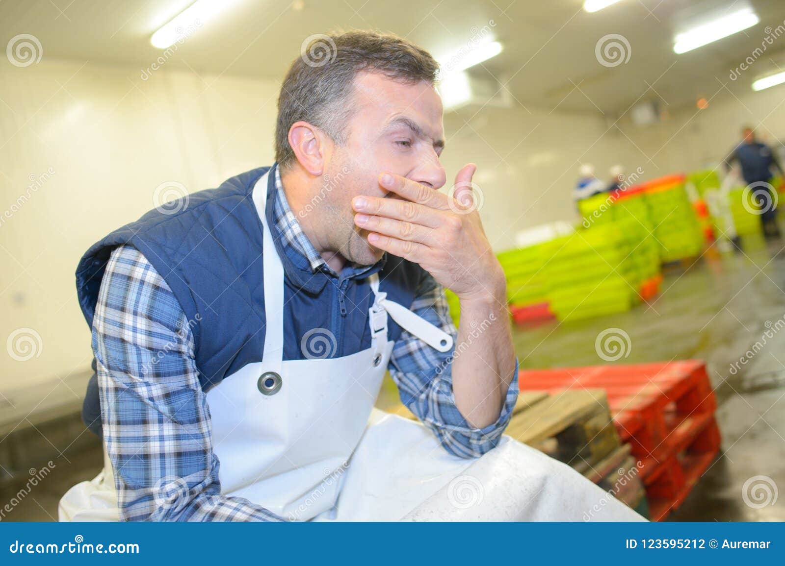 Man at work yawning stock photo. Image of apron, lazy - 123595212
