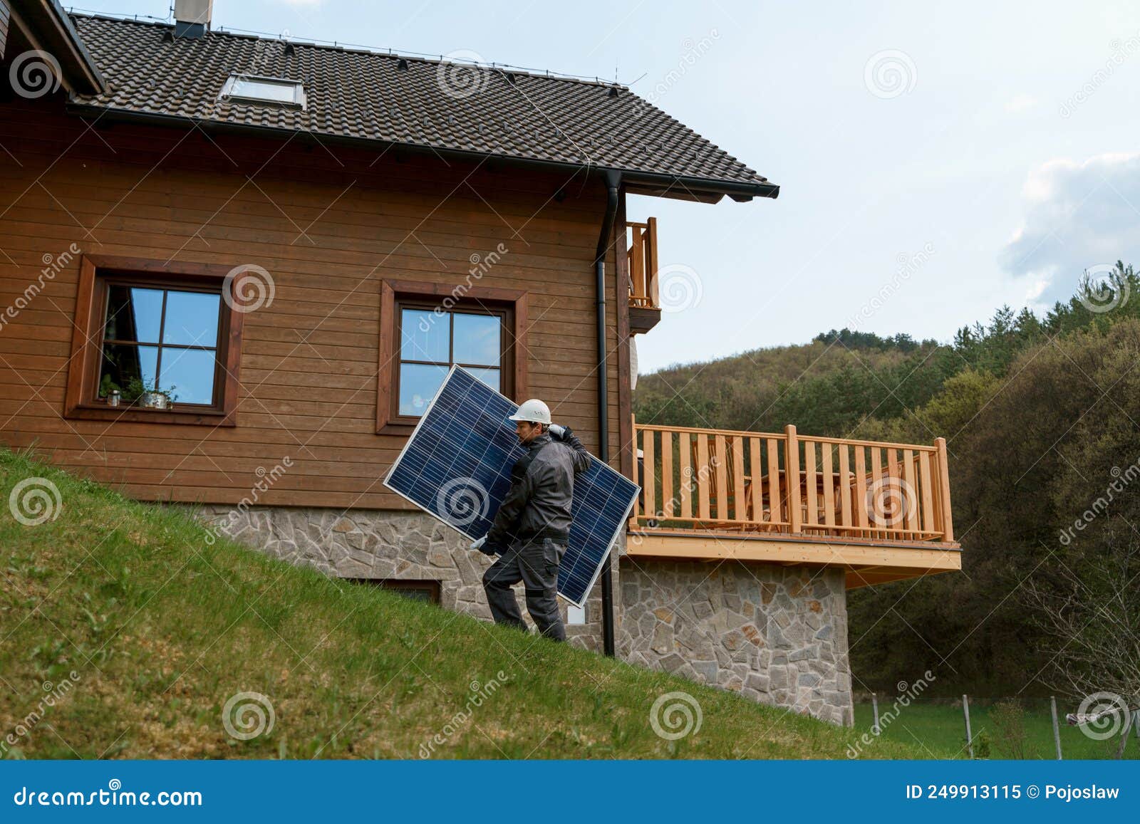 Man Worker Carrying Solar Panel for Installing Solar Modul System on ...