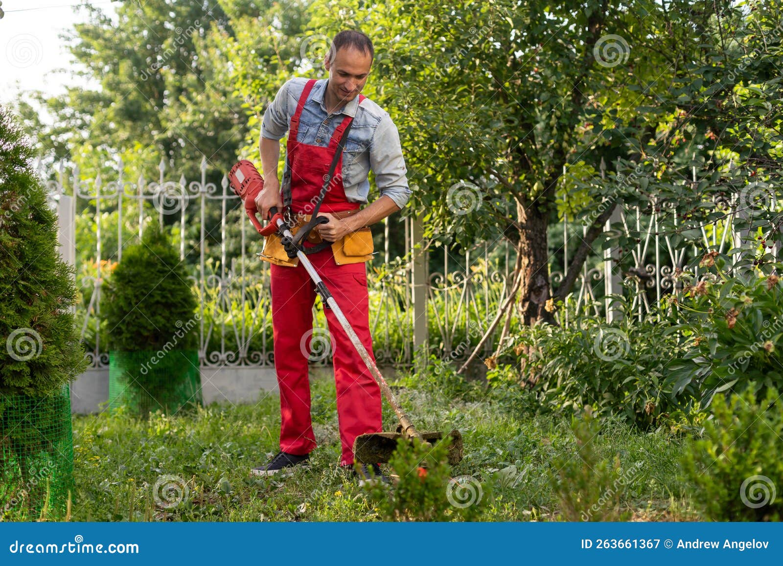 Man Worker Cutting Grass with Lawn Mower. Stock Image - Image of ...