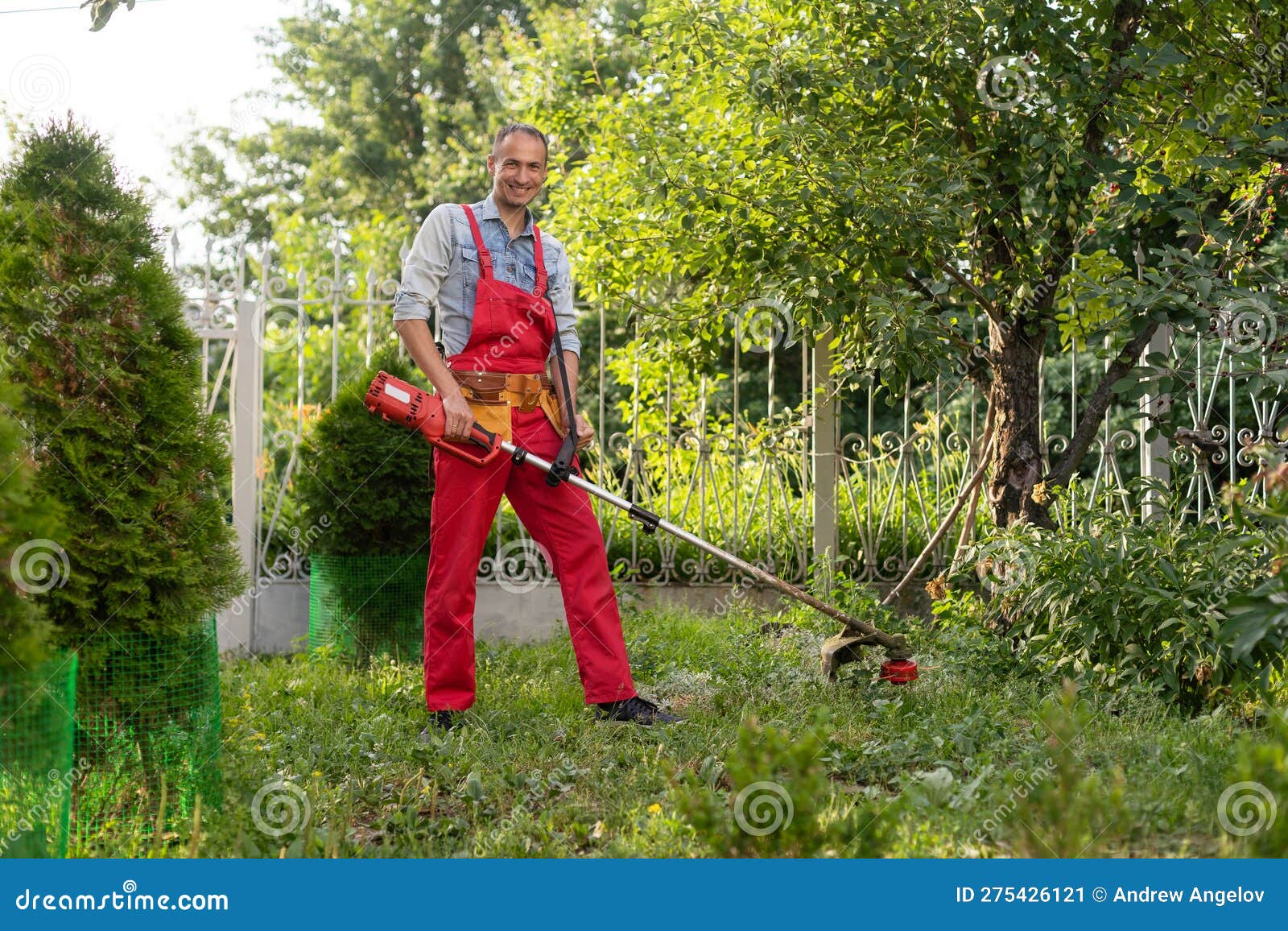 Man Worker Cutting Grass with Lawn Mower. Stock Image - Image of ...
