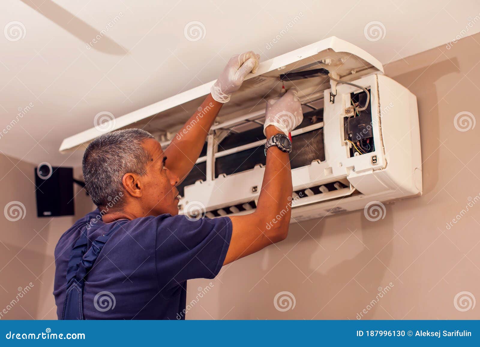 Man Worker Doing Cleaning of Air Conditioning Stock Photo - Image of ...