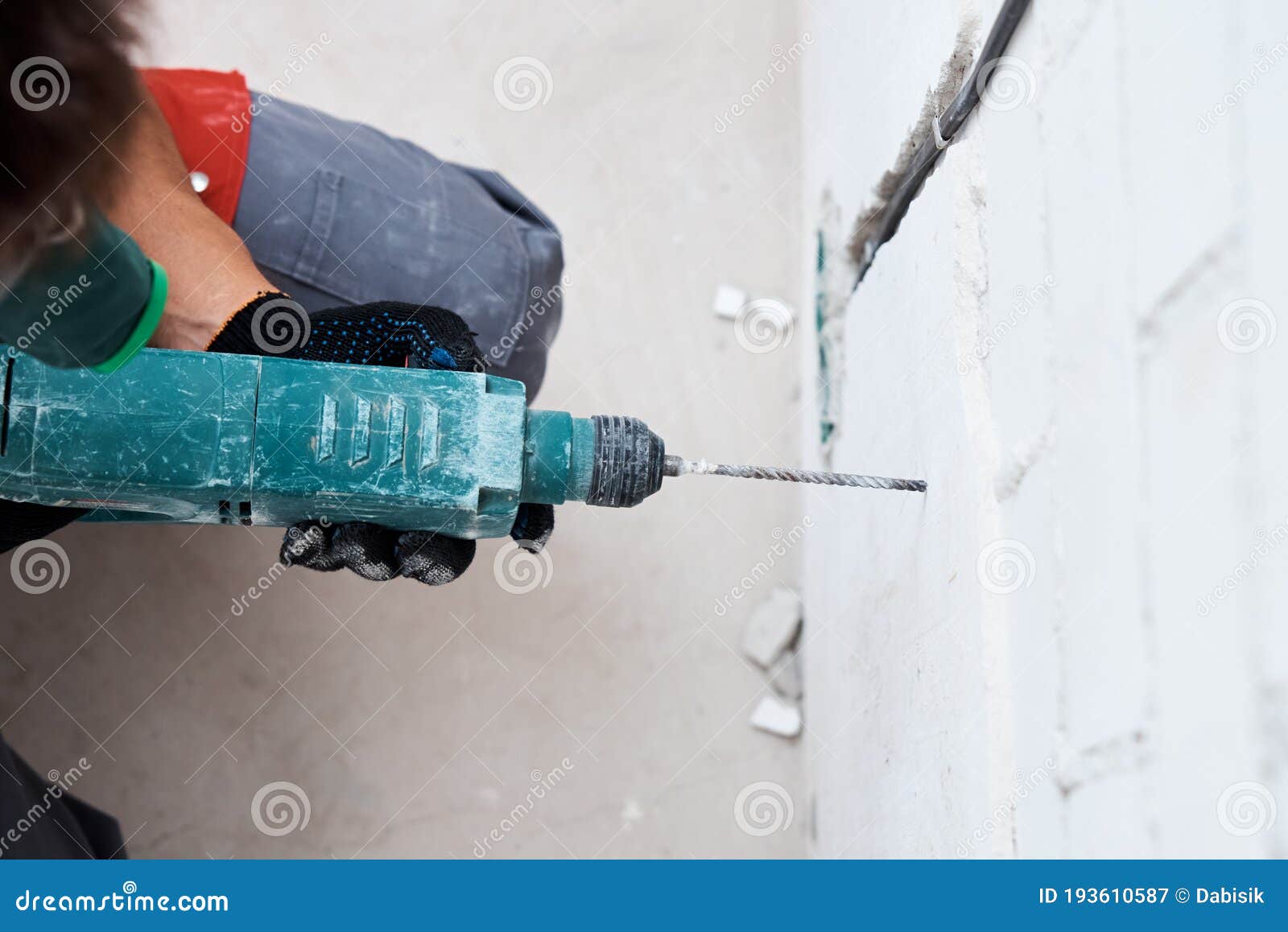 Man Worker Drilling Wall with Hammer Drill, Top View Stock Image ...