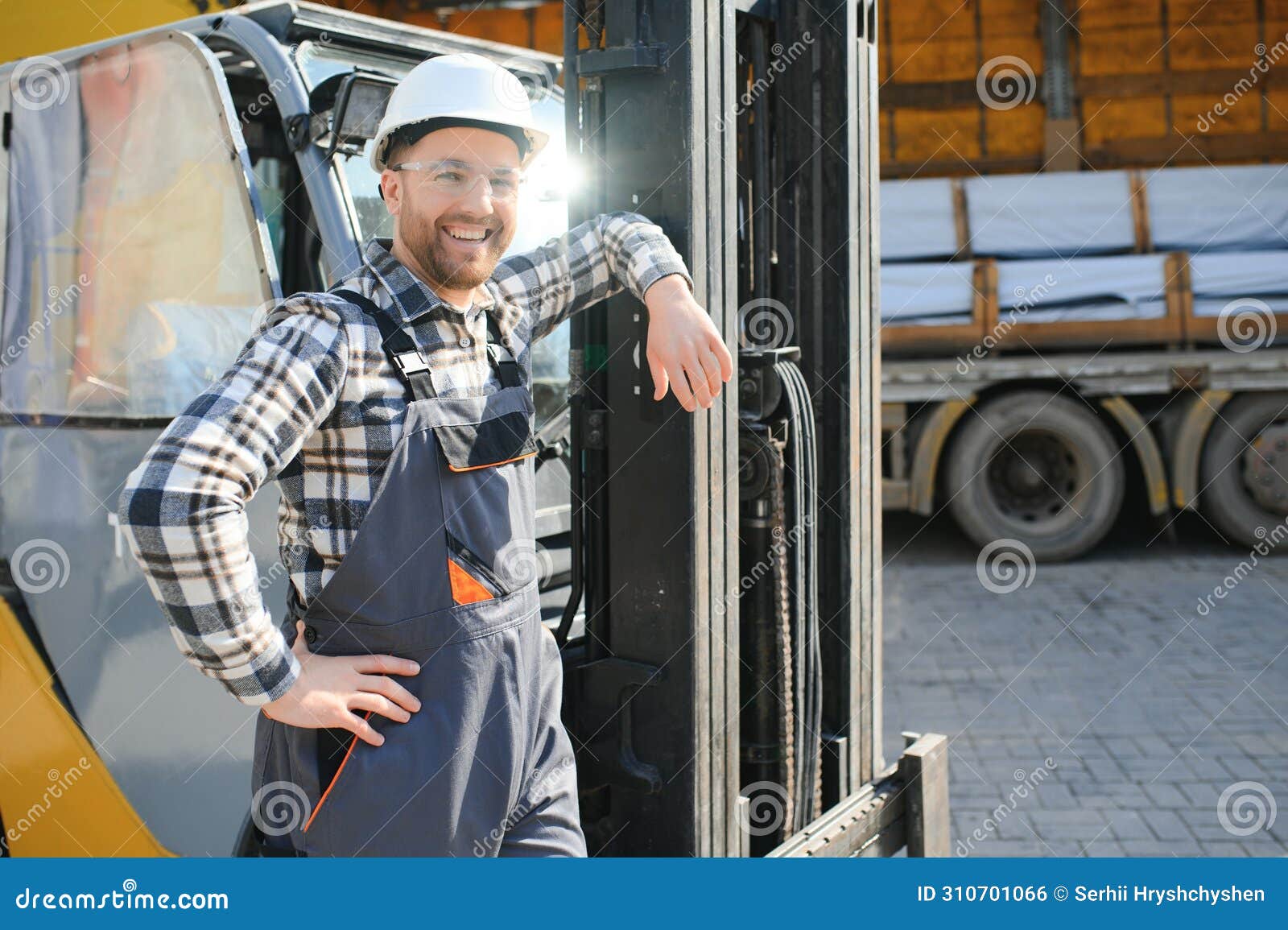Man Worker at Forklift Driver Happy Working in Industry Factory ...