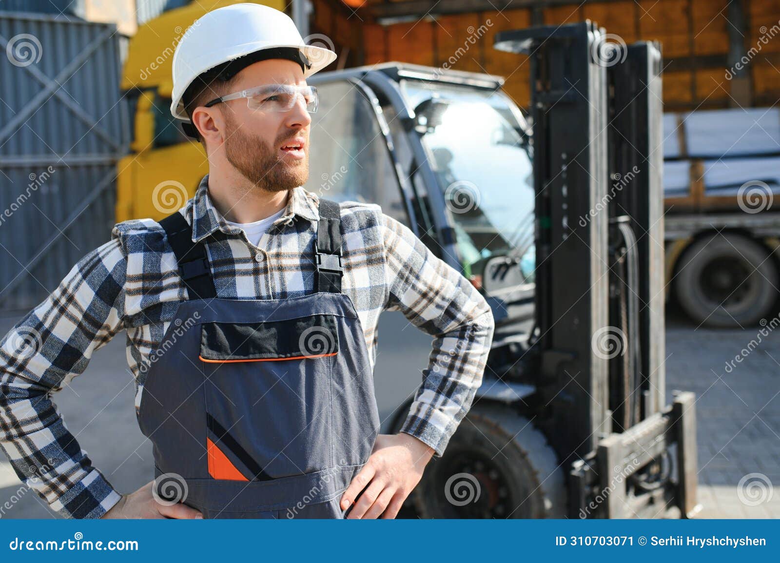 Man Worker at Forklift Driver Happy Working in Industry Factory ...