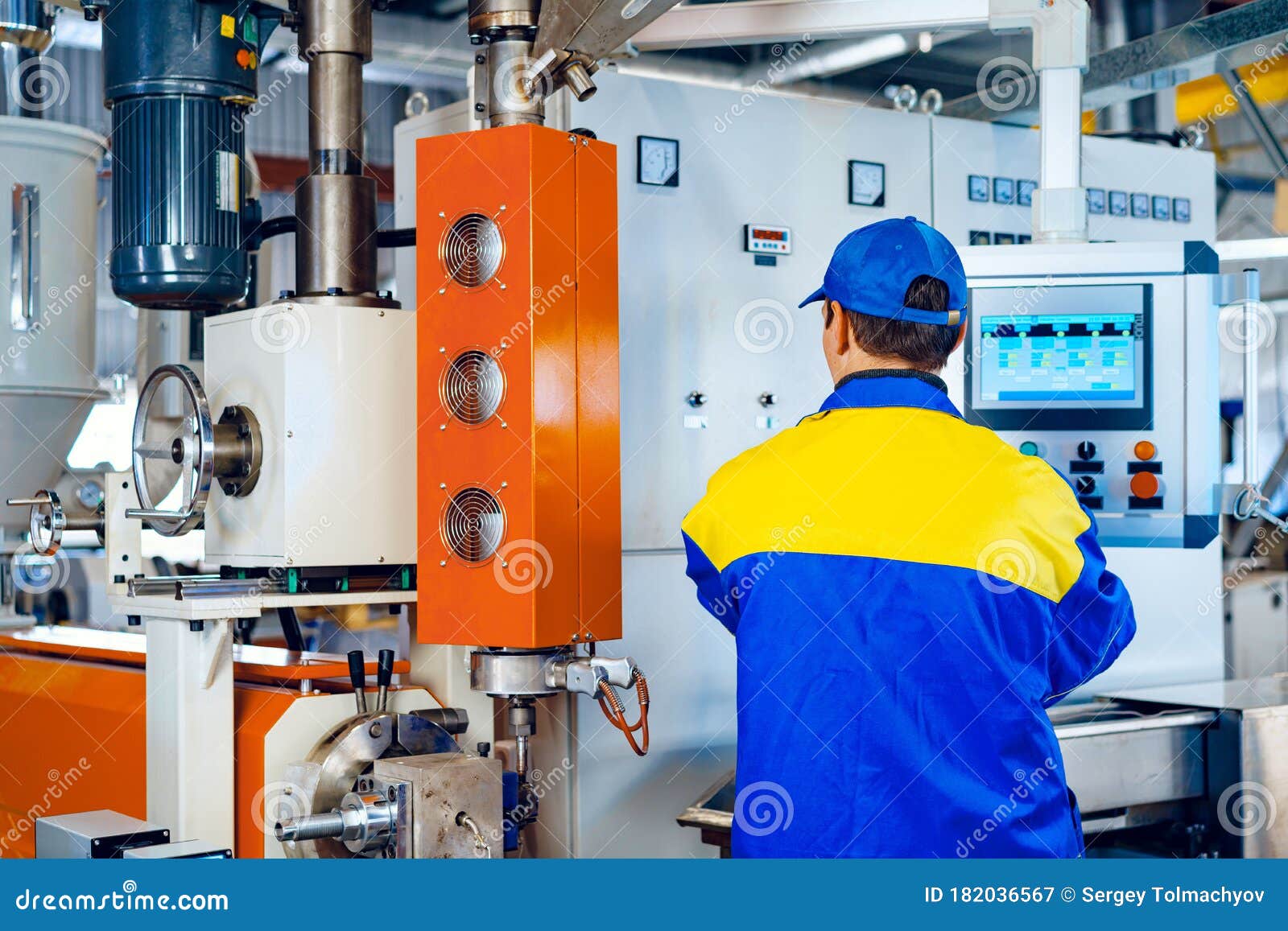 Man Worker in Manufacturing Plant at Cable Factory Machine Control ...