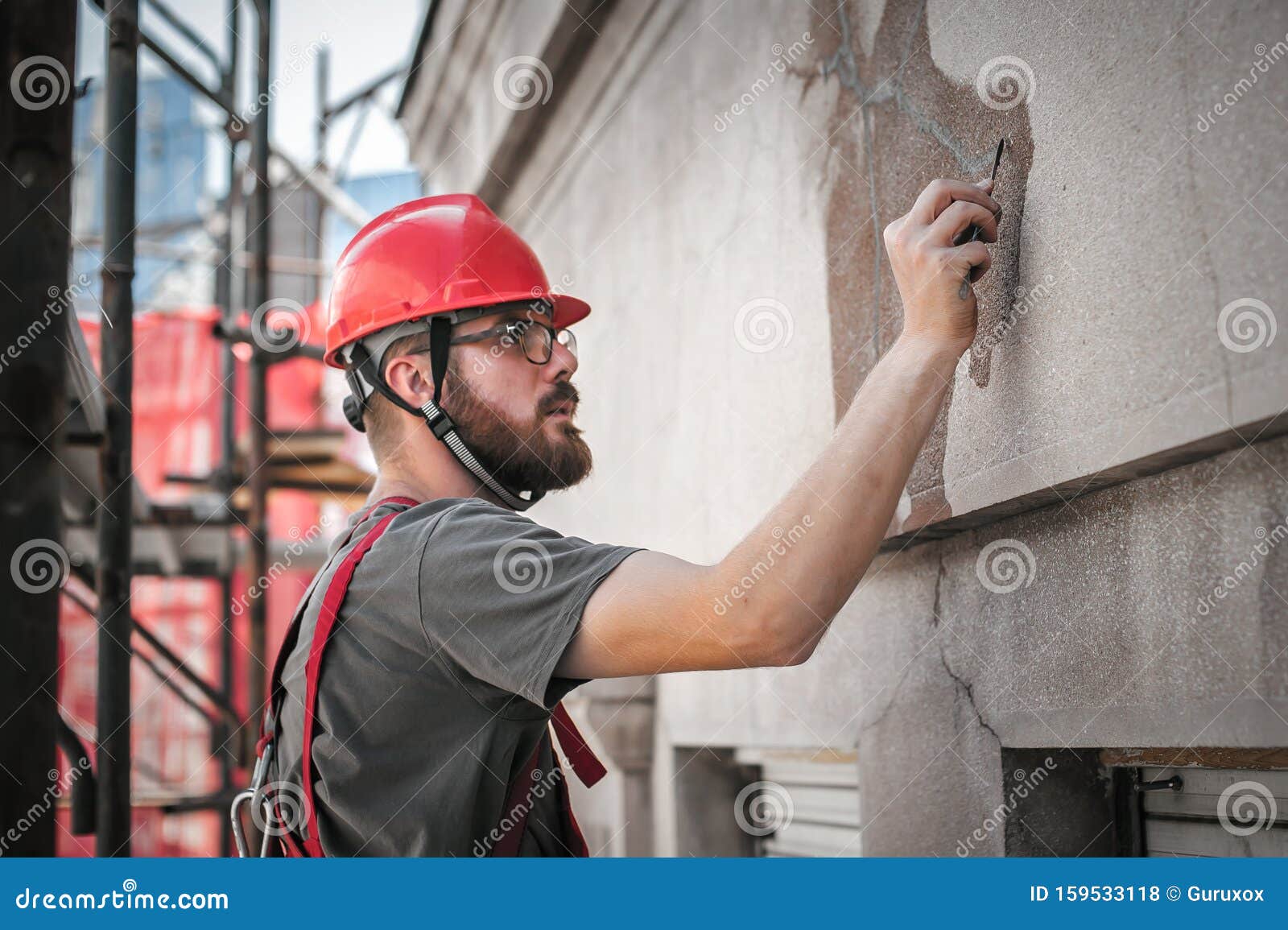 Man Worker Standing on Scaffolding and Restore Old Building Facade ...