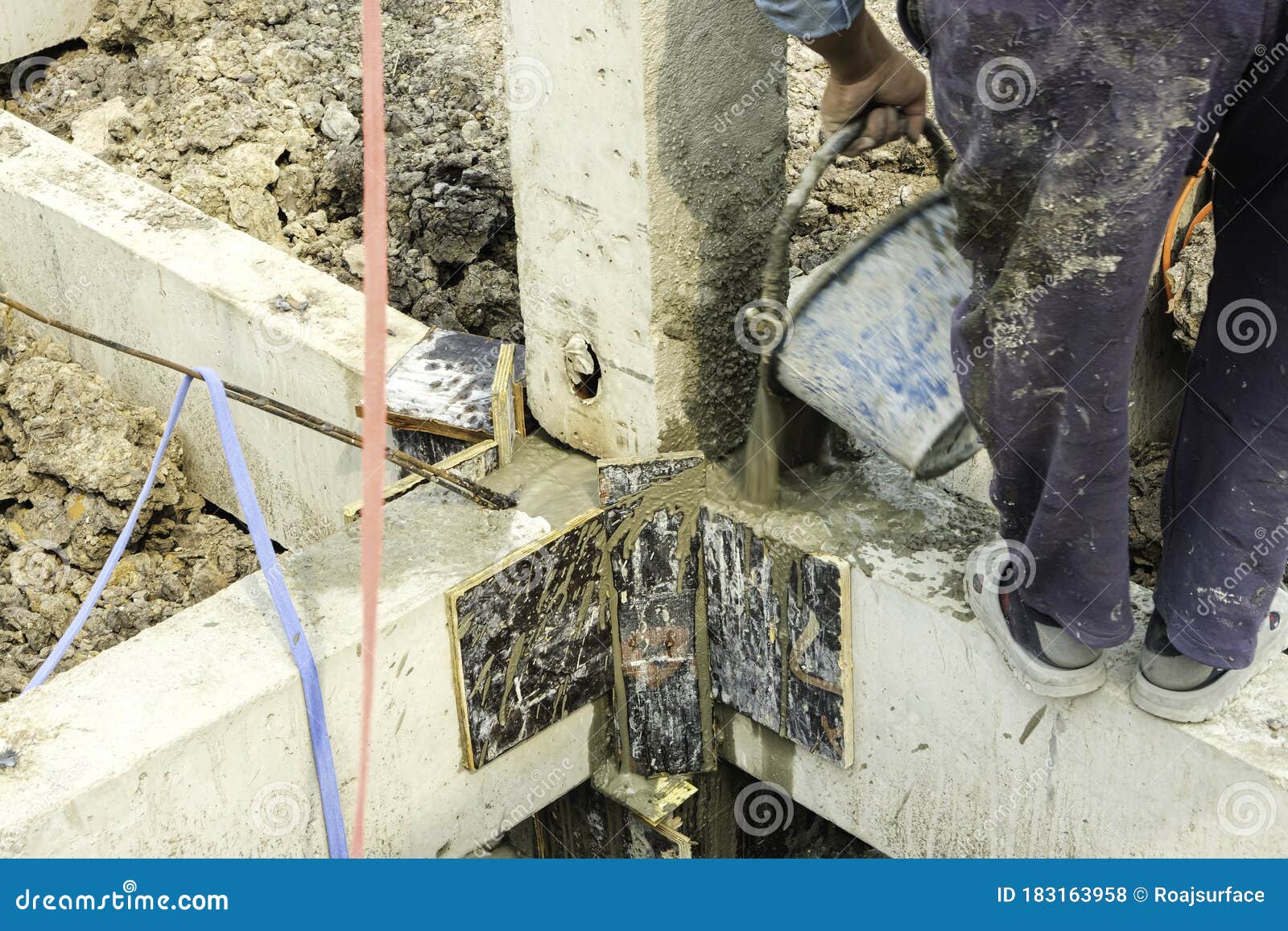 Man Worker Use Blue Plastic Pot Contain Cement Liquid into Pillars ...
