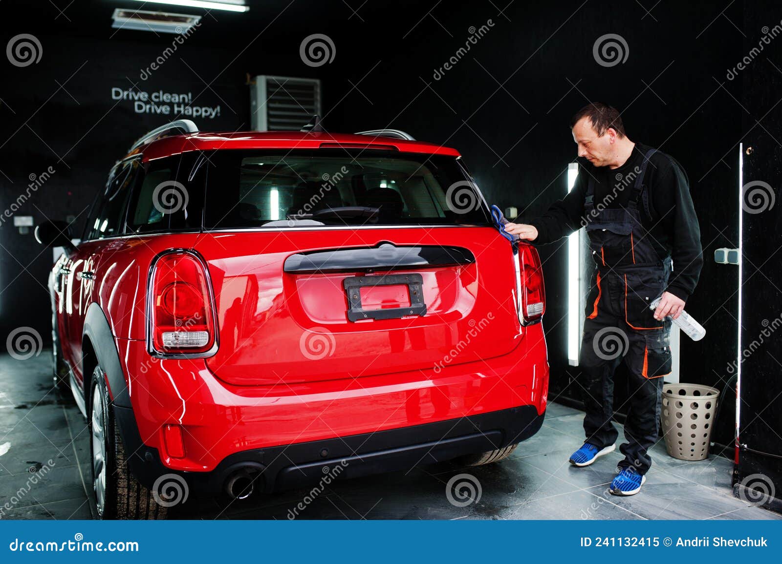 Man Worker Washing Red Car in Detailing Garage Stock Image - Image of ...