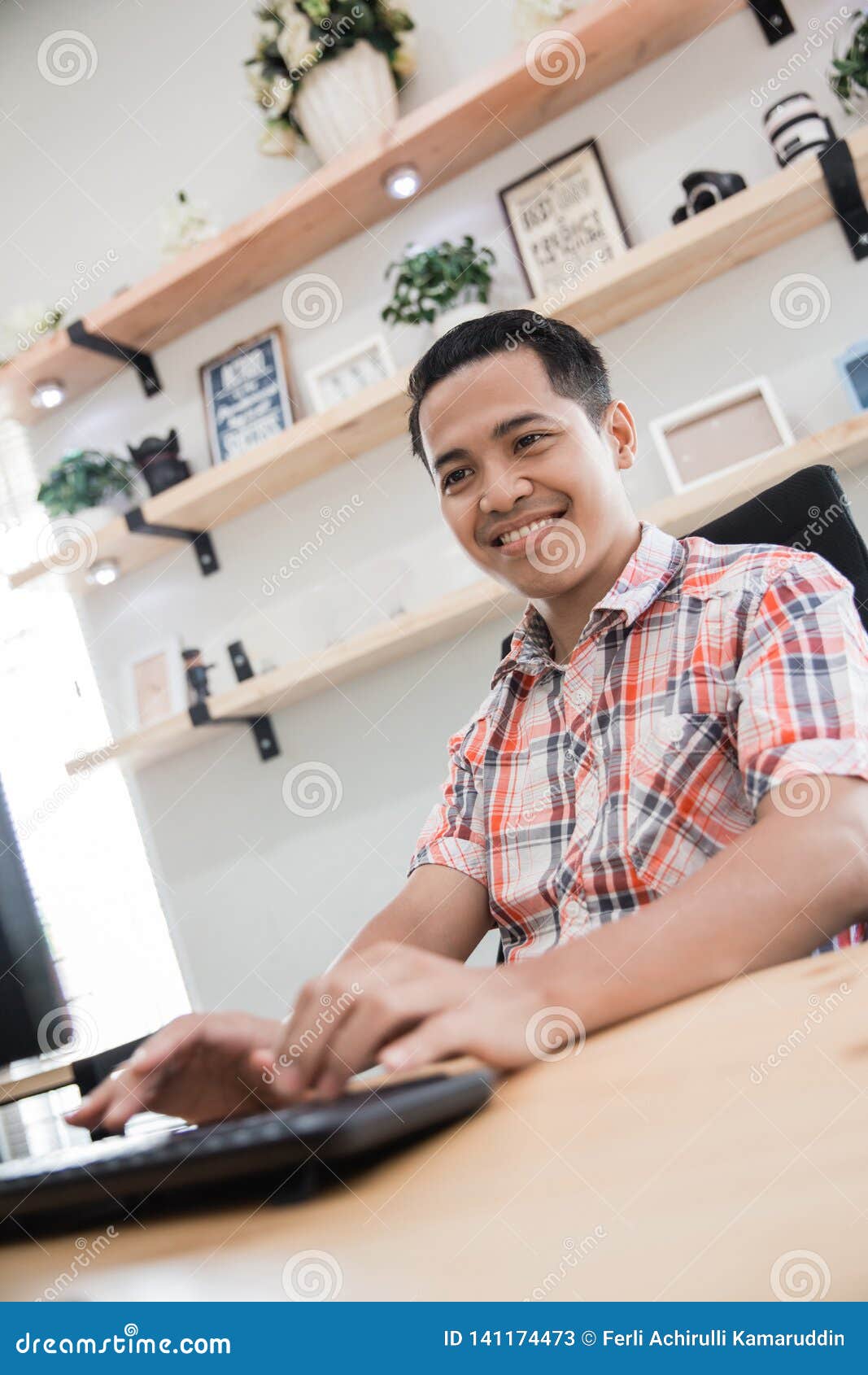Man Worker Working in Front Computer Stock Image - Image of happy ...
