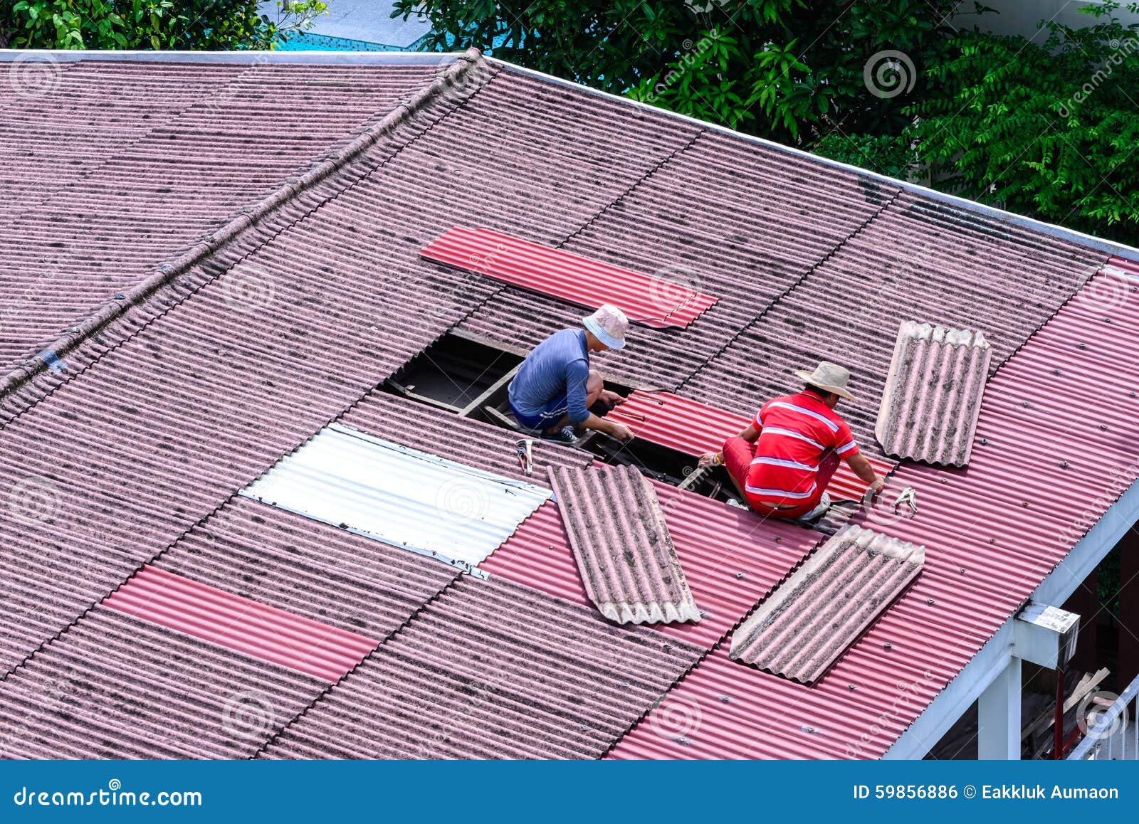 Man Workers Replacing Damaged Old Tiles Roof Editorial Photo - Image of ...