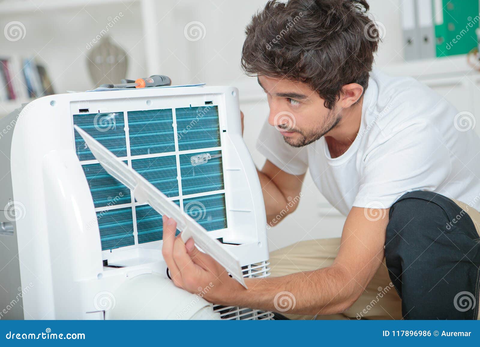 Man Working on Air Conditioning Unit Stock Photo - Image of compressor ...
