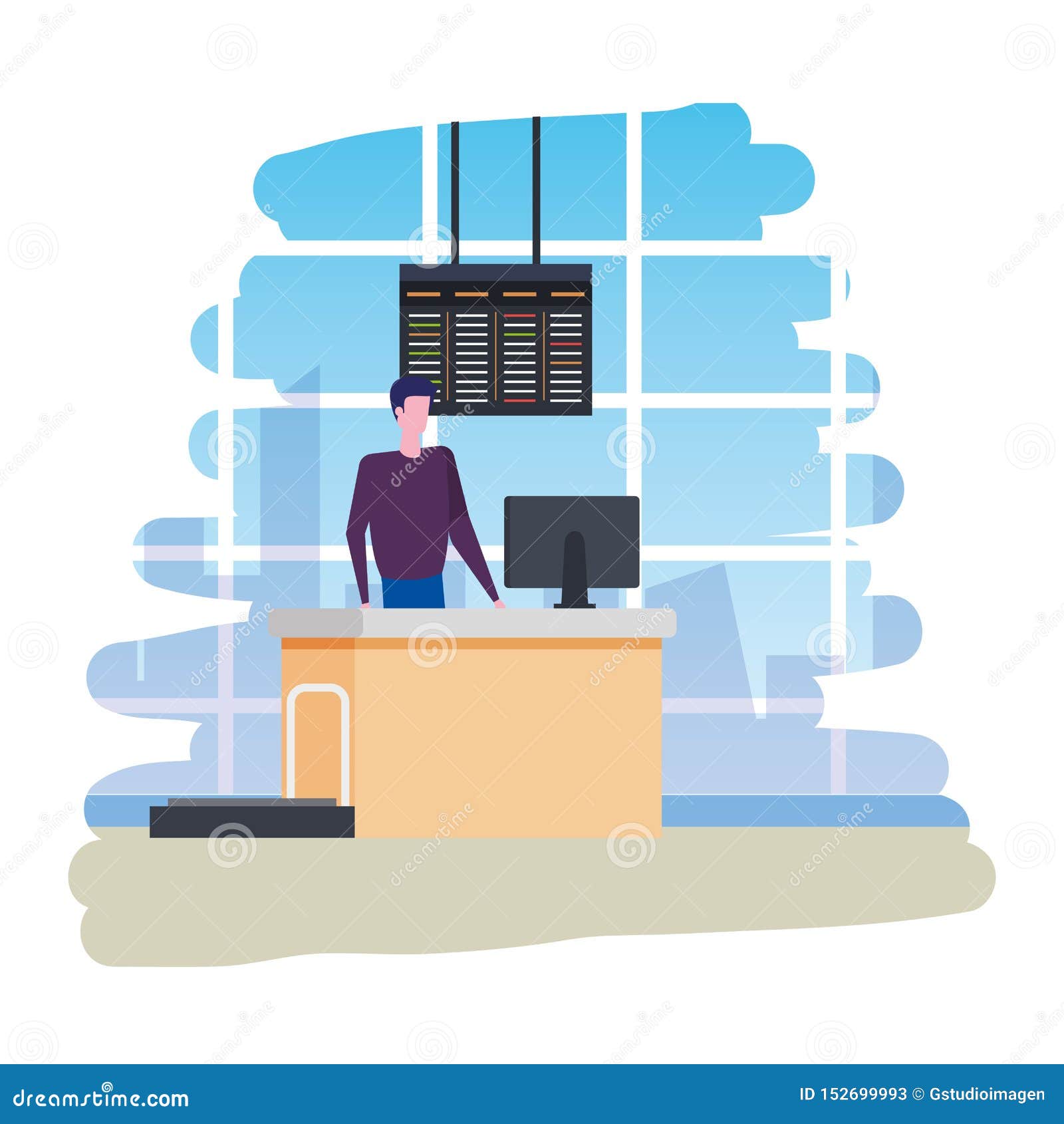 Man Working in Airport with Computer Scene Stock Illustration ...