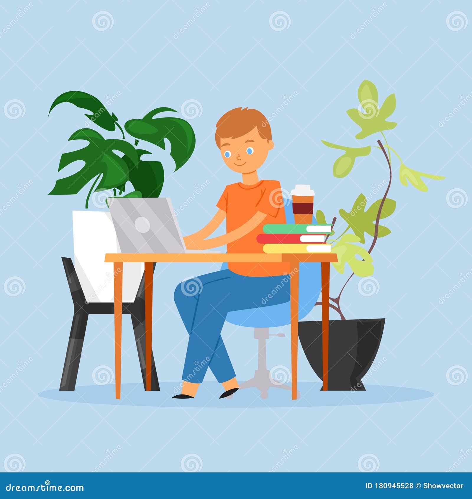 Man Working Office Place Vector Illustration. Guy Character Sitting at ...