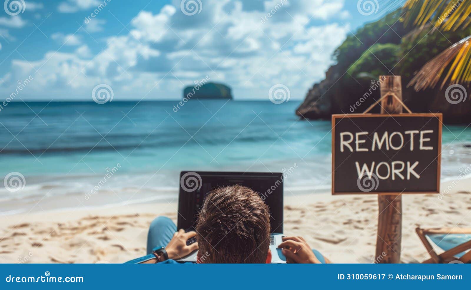A Man Working from the Beach on His Laptop, Remote Work Concept ...
