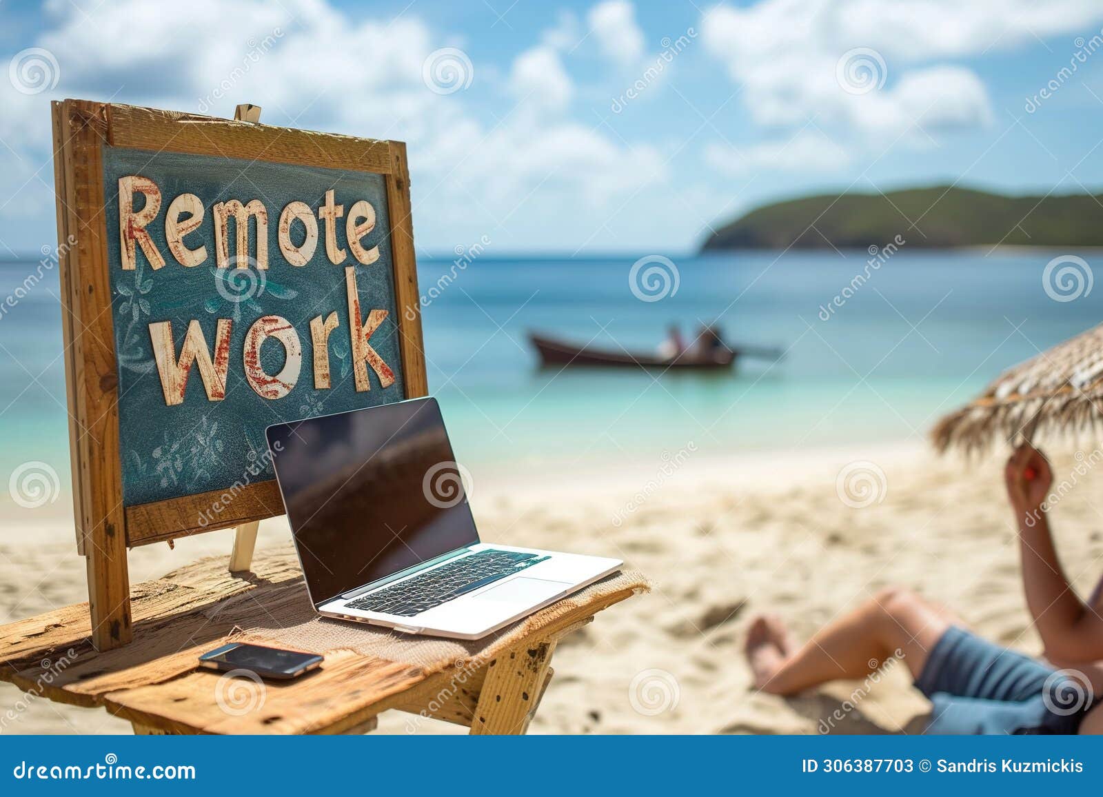 A Man Working from the Beach with Laptop. Remote Work Concept ...