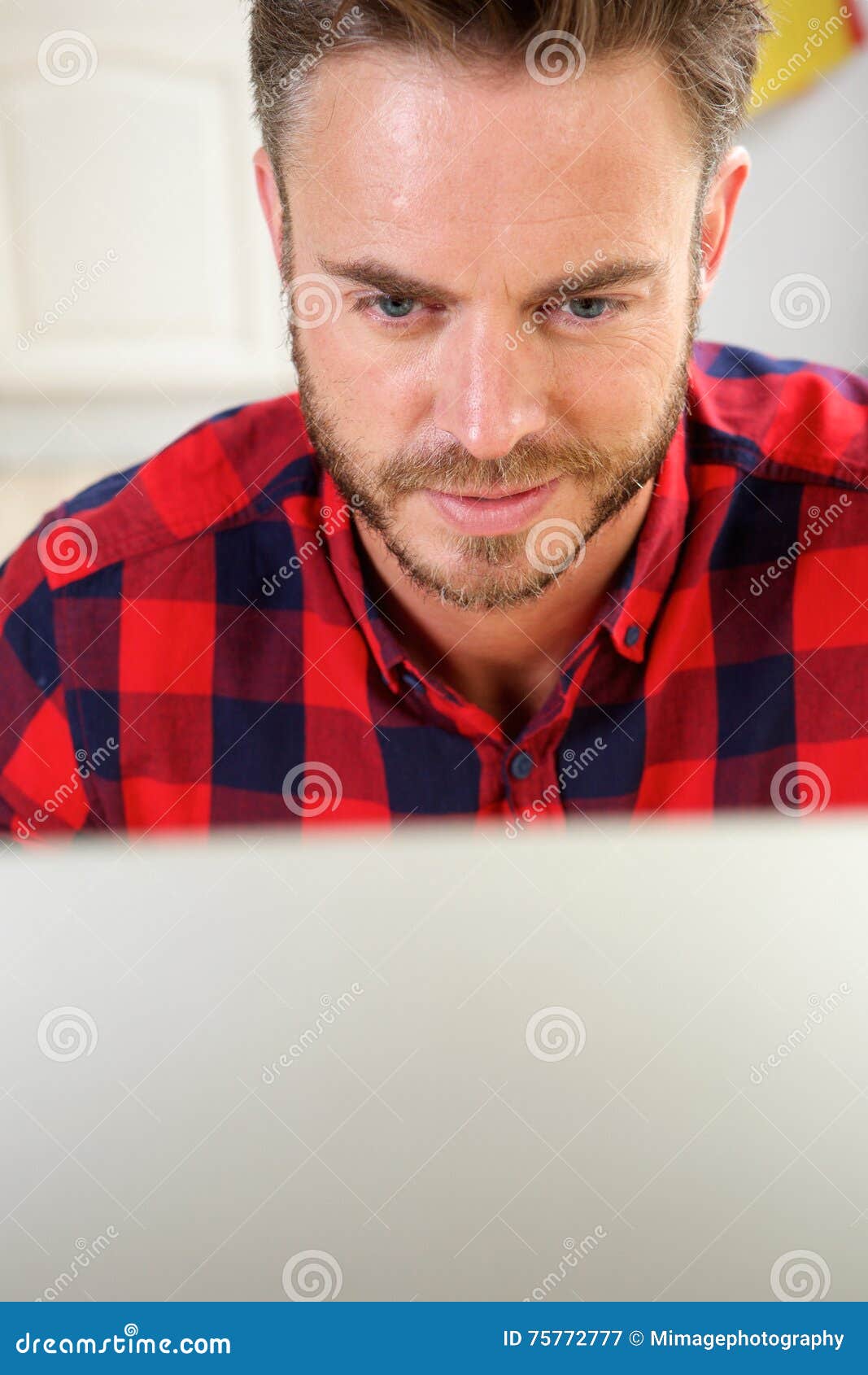 Man Working Behind Computer Screen Stock Image - Image of caucasian ...