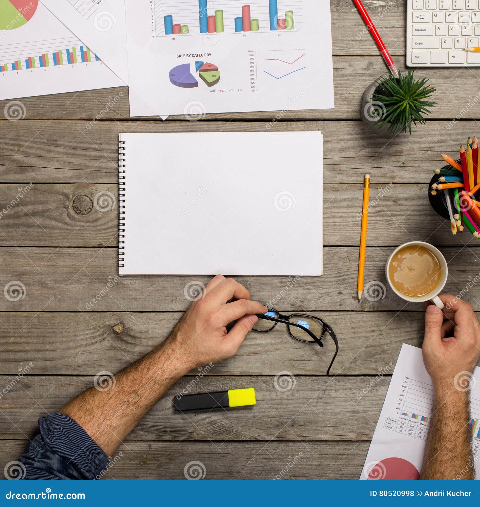 Man Working Behind Office Wooden Desk Top View Stock Photo - Image of ...