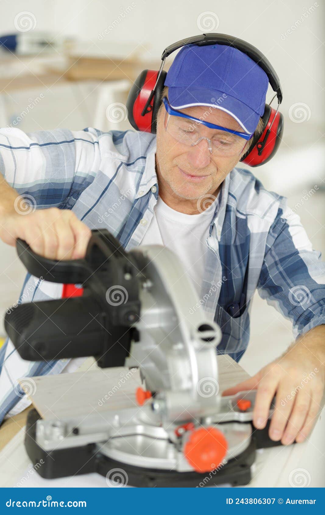 Man Working with Circular Saw Cutting Indoors Stock Image - Image of ...