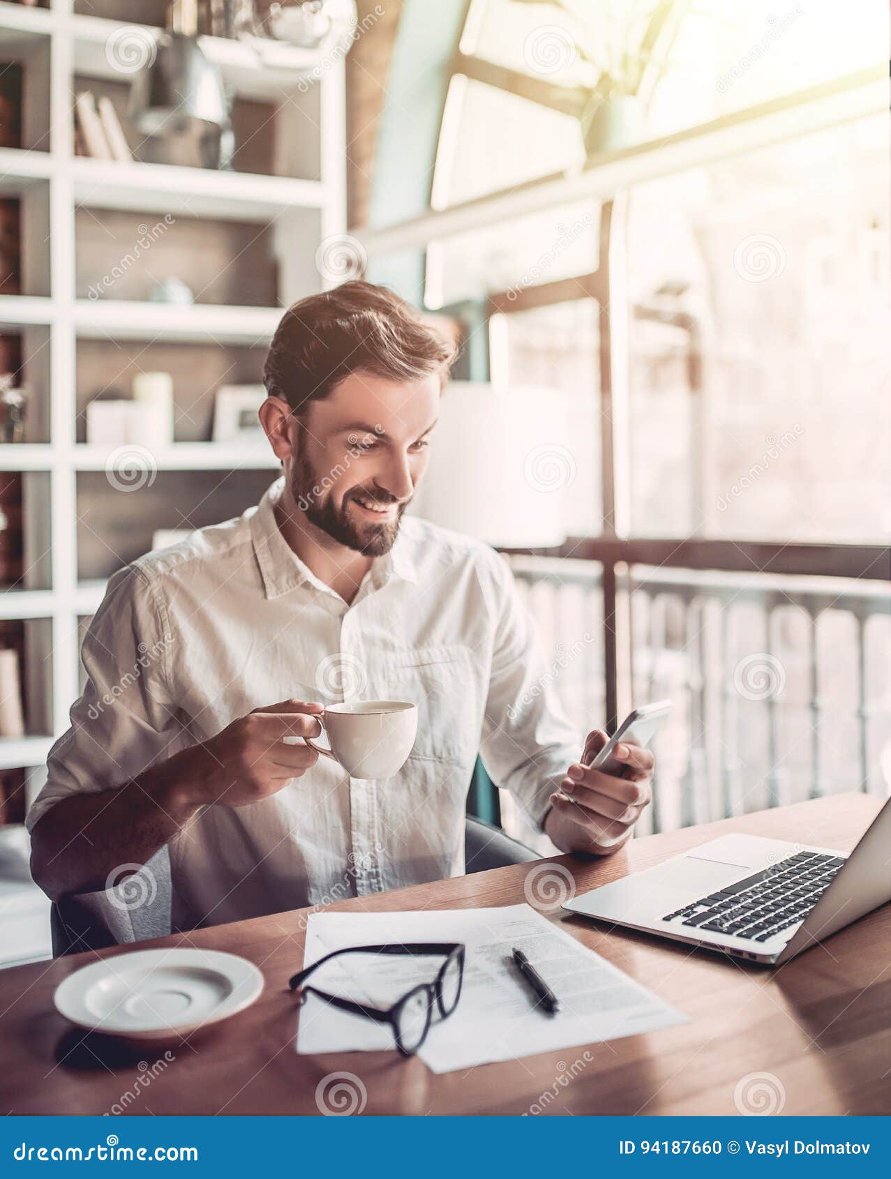 Man working in cafe stock photo. Image of caucasian, graphs - 94187660