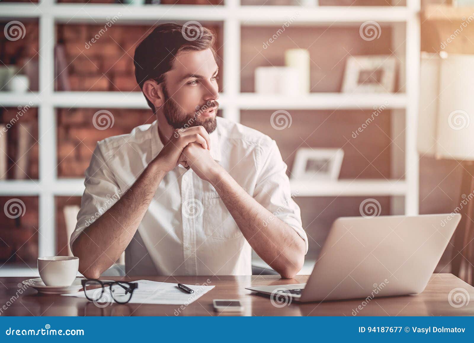 Man working in cafe stock image. Image of computer, portrait - 94187677
