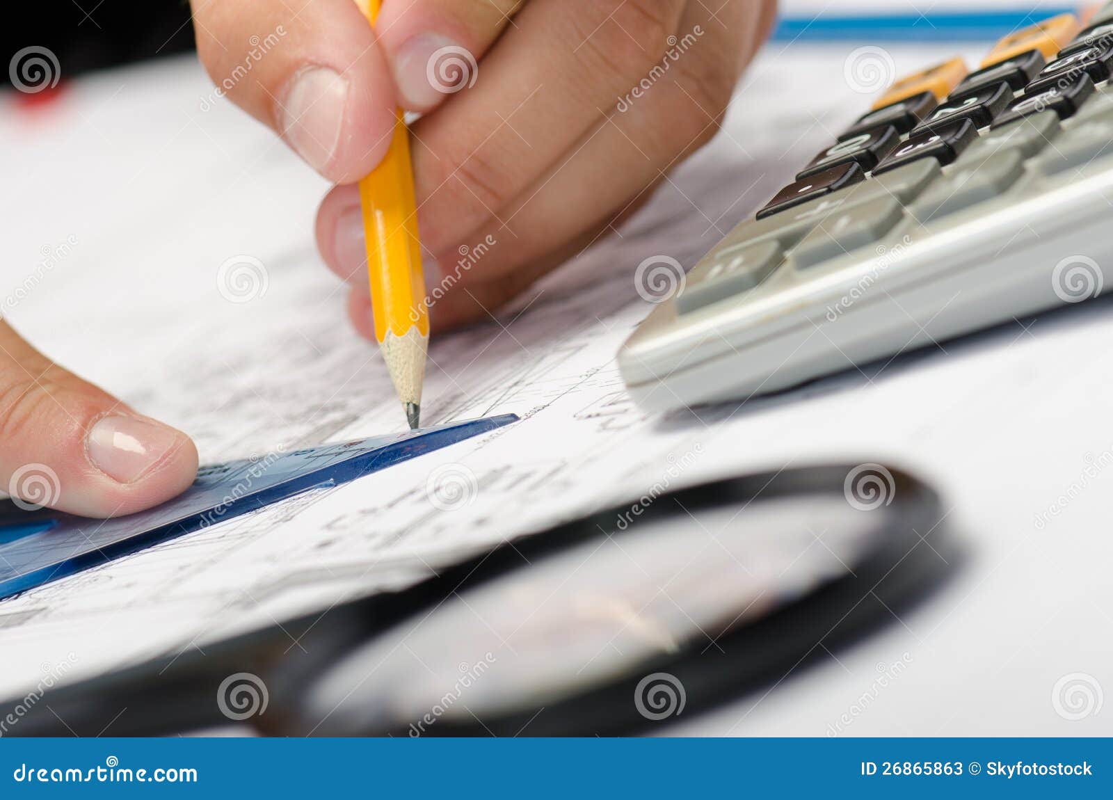 Man Working with a Calculator and Square Drawing Stock Image - Image of ...