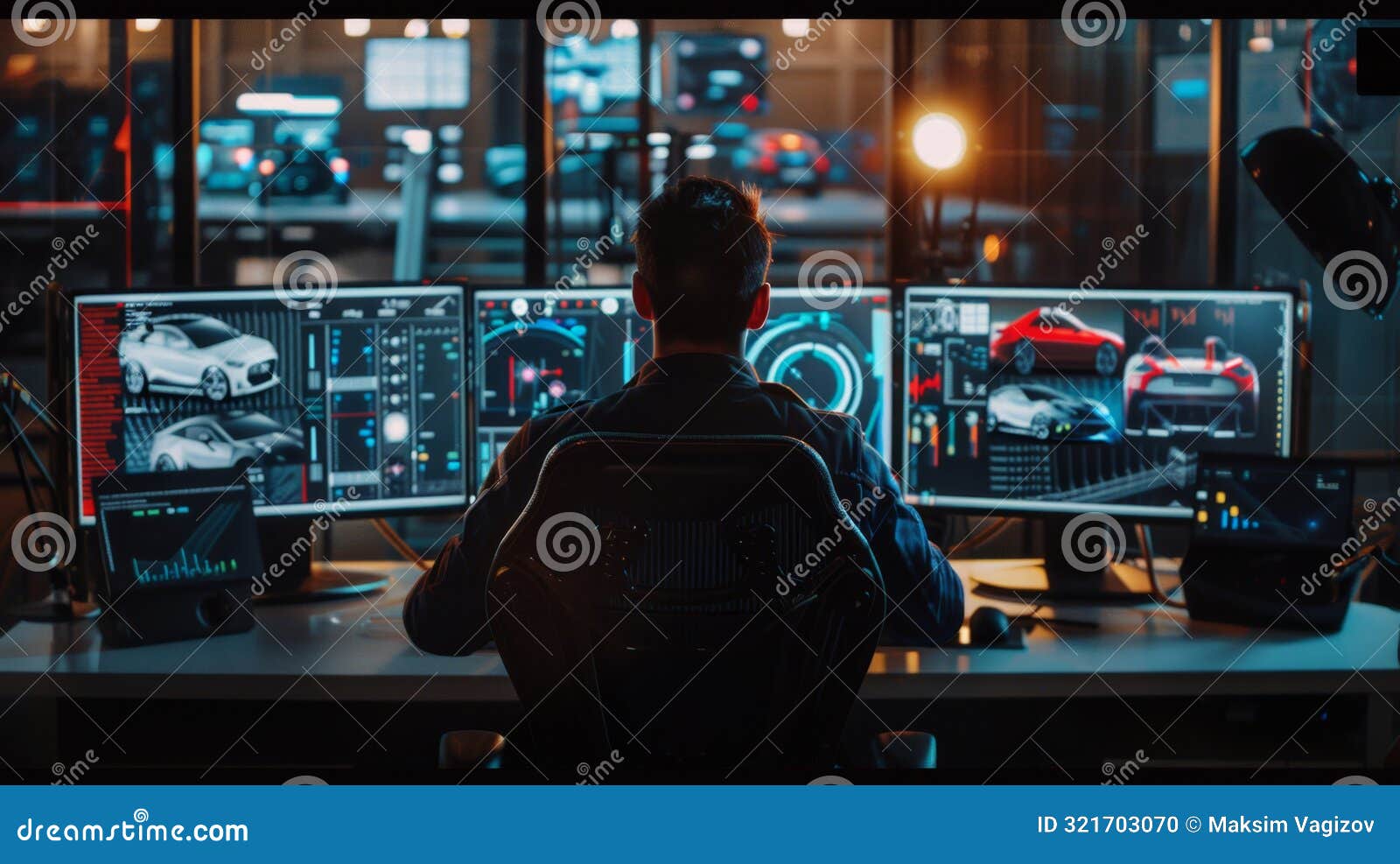 Man Working on Car Design Software in High-Tech Automotive Lab ...