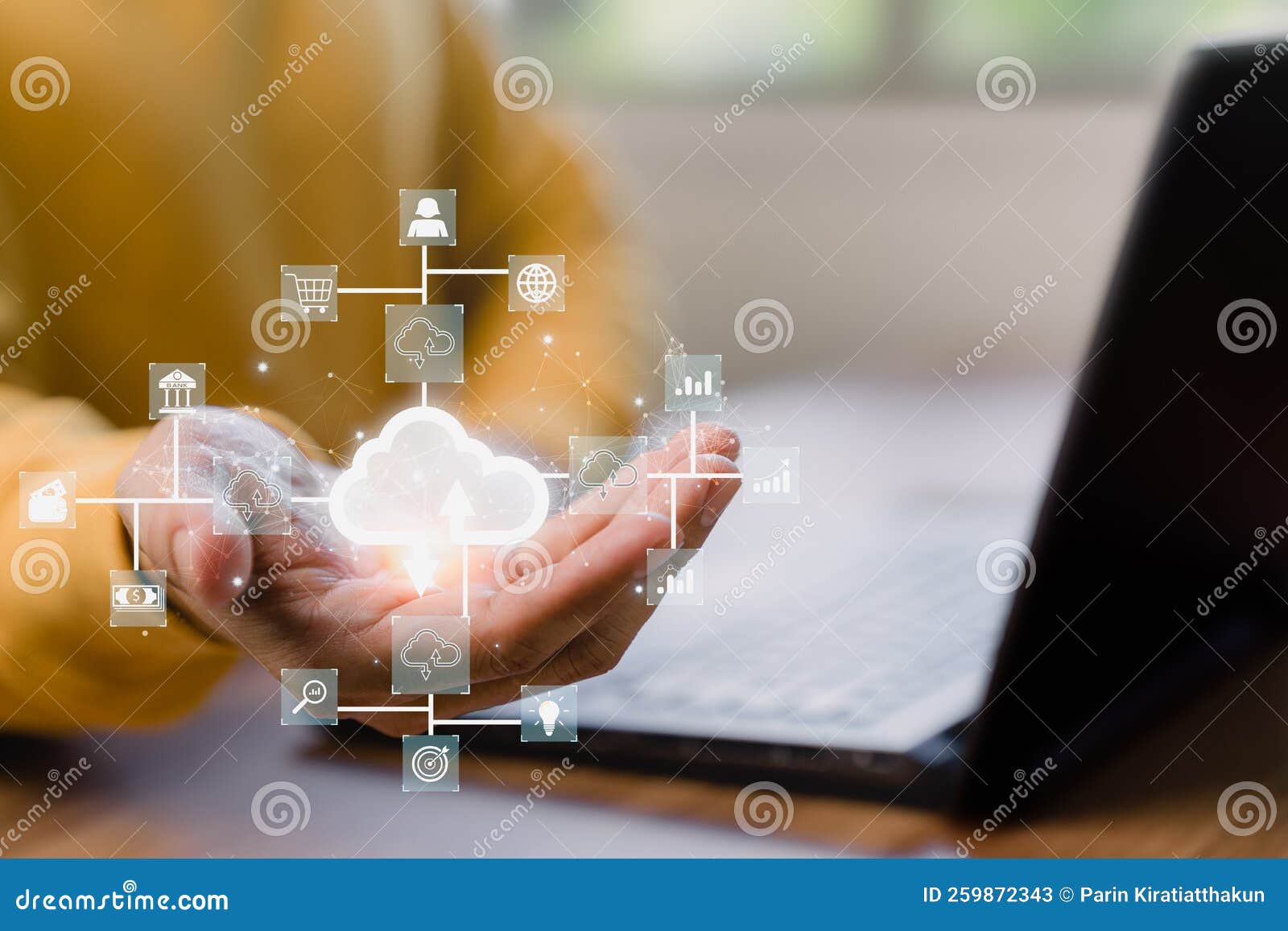 Man Working at Cloud Data Icon, Cloud Computing Diagram Show on Hand. Cloud Technology Stock ...
