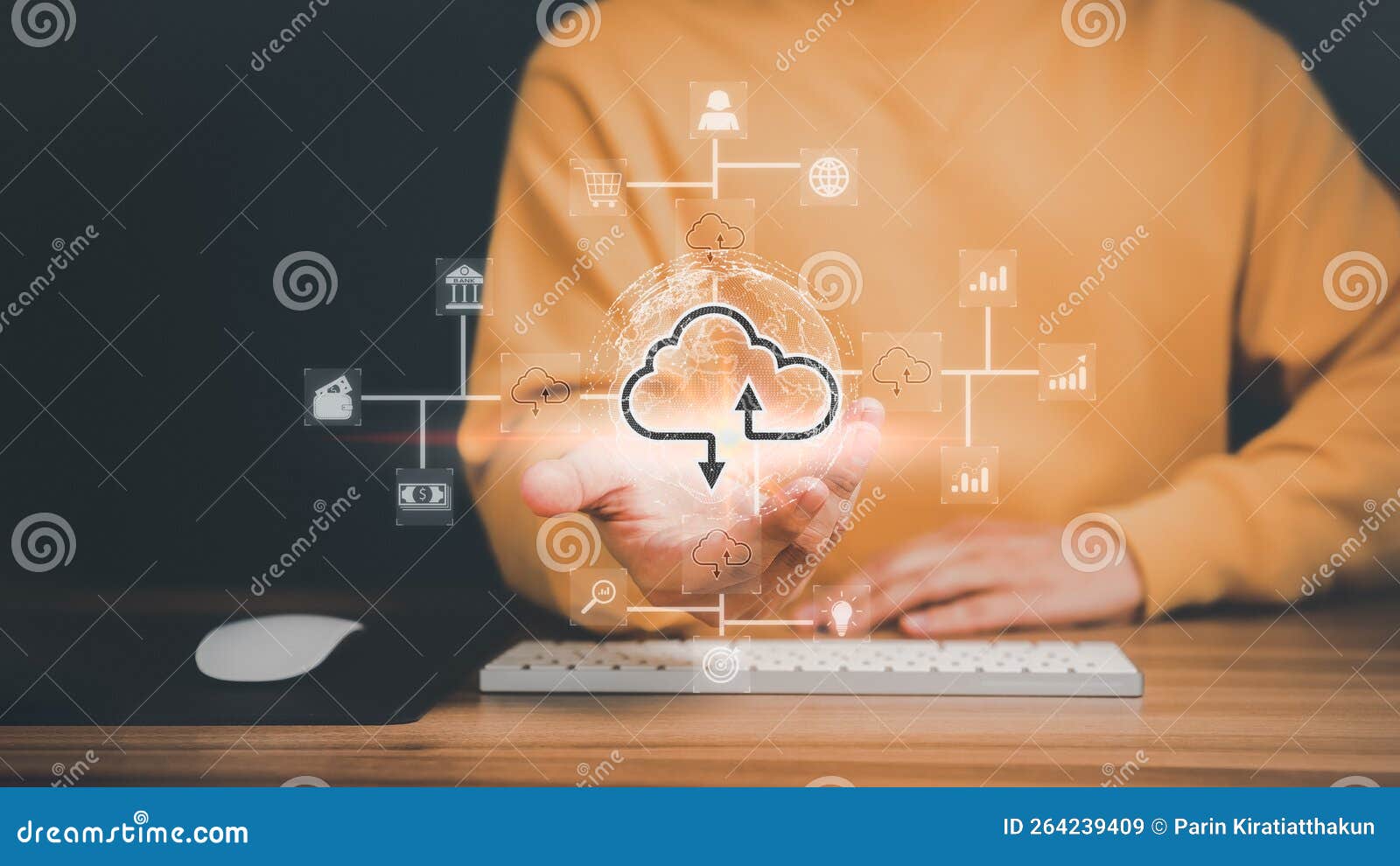Man Working at Cloud Data Icon, Cloud Computing Diagram Show on Hand. Cloud Technology. Data ...