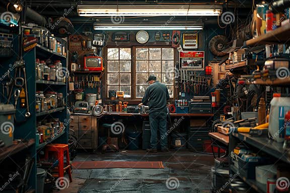 A Man Working in a Cluttered Garage Workshop Stock Photo - Image of ...