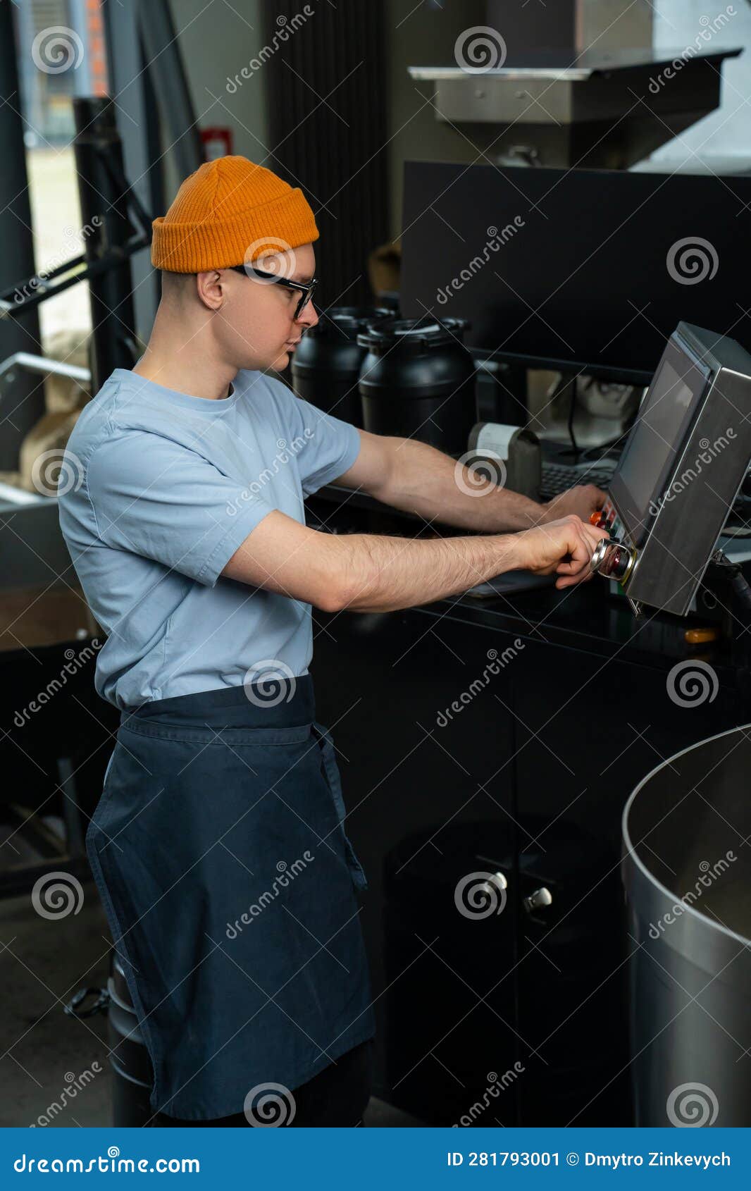 Man Working in Coffee Roasting Factory, Operating Process of Creating ...