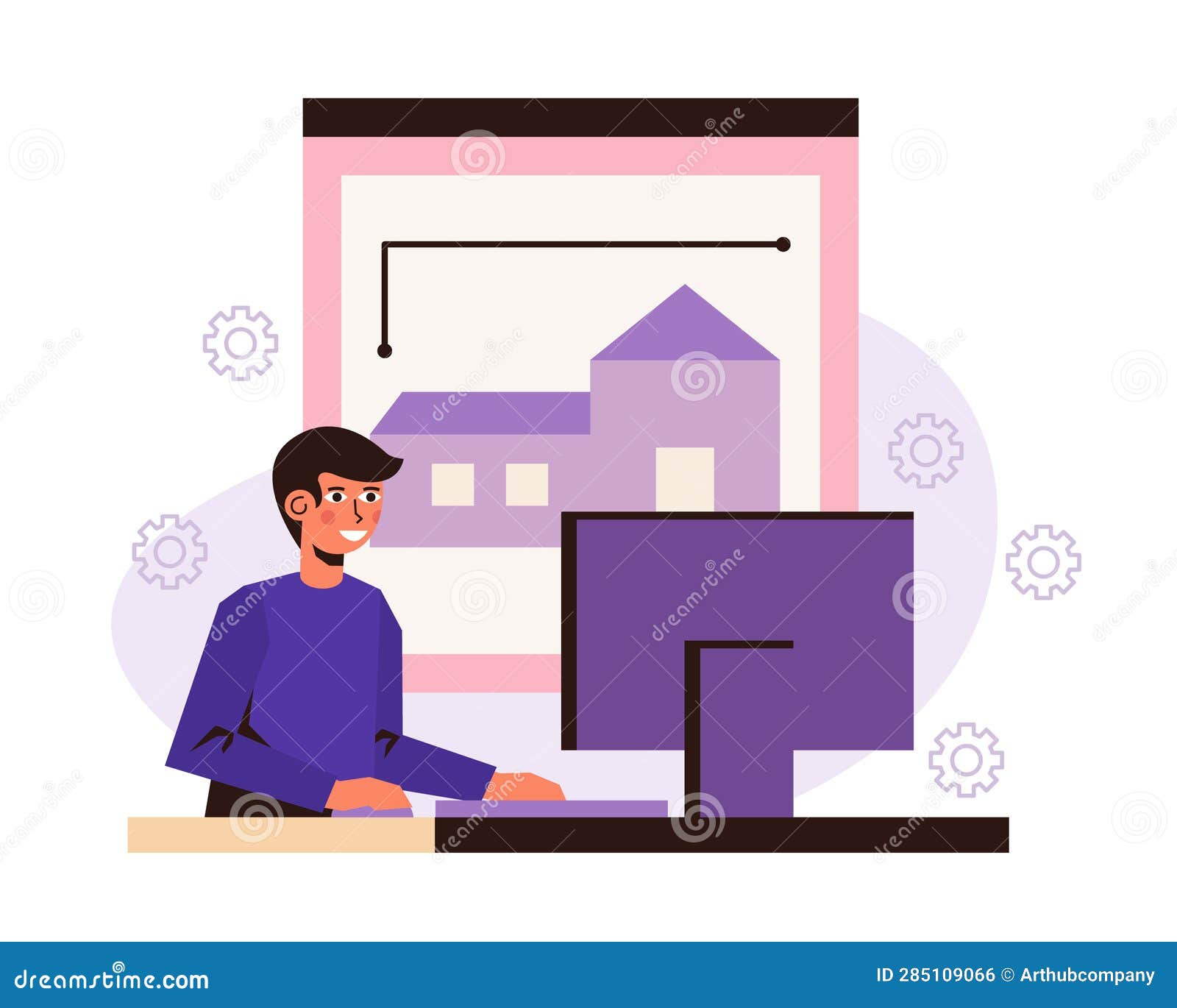 Man Working on Computer in Architect Program. House Design and Layout ...