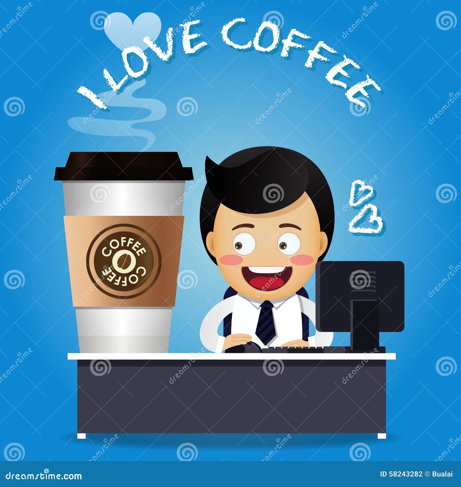 Man Working on Computer and Big Coffee Cup Stock Vector - Illustration ...