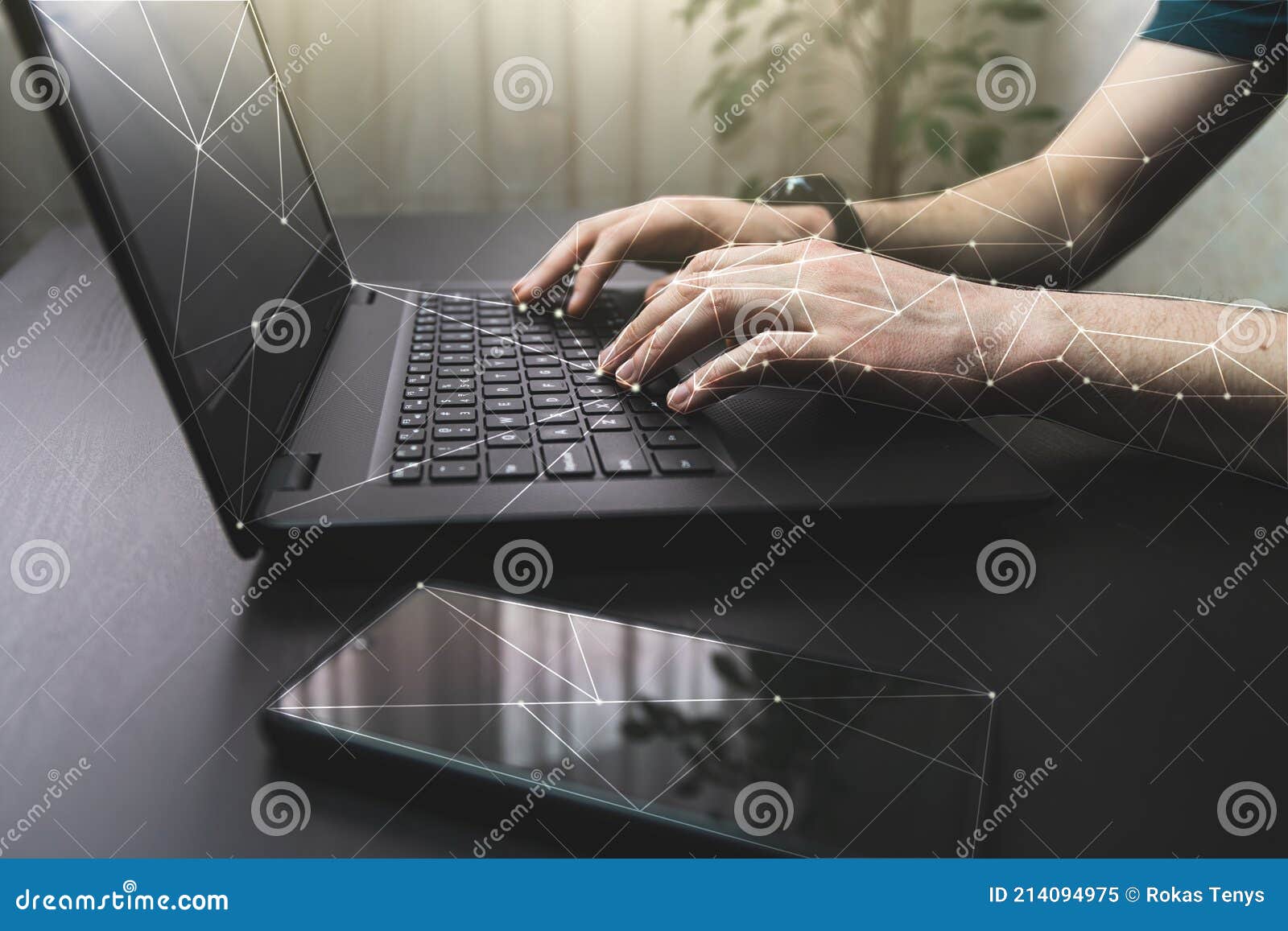 Man Working on Computer. Bussines Man Working with AI Holograms ...