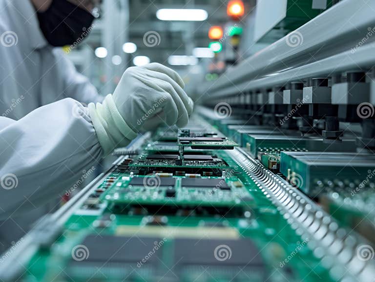 A Man is Working on a Computer Chip Assembly Line Stock Image - Image ...