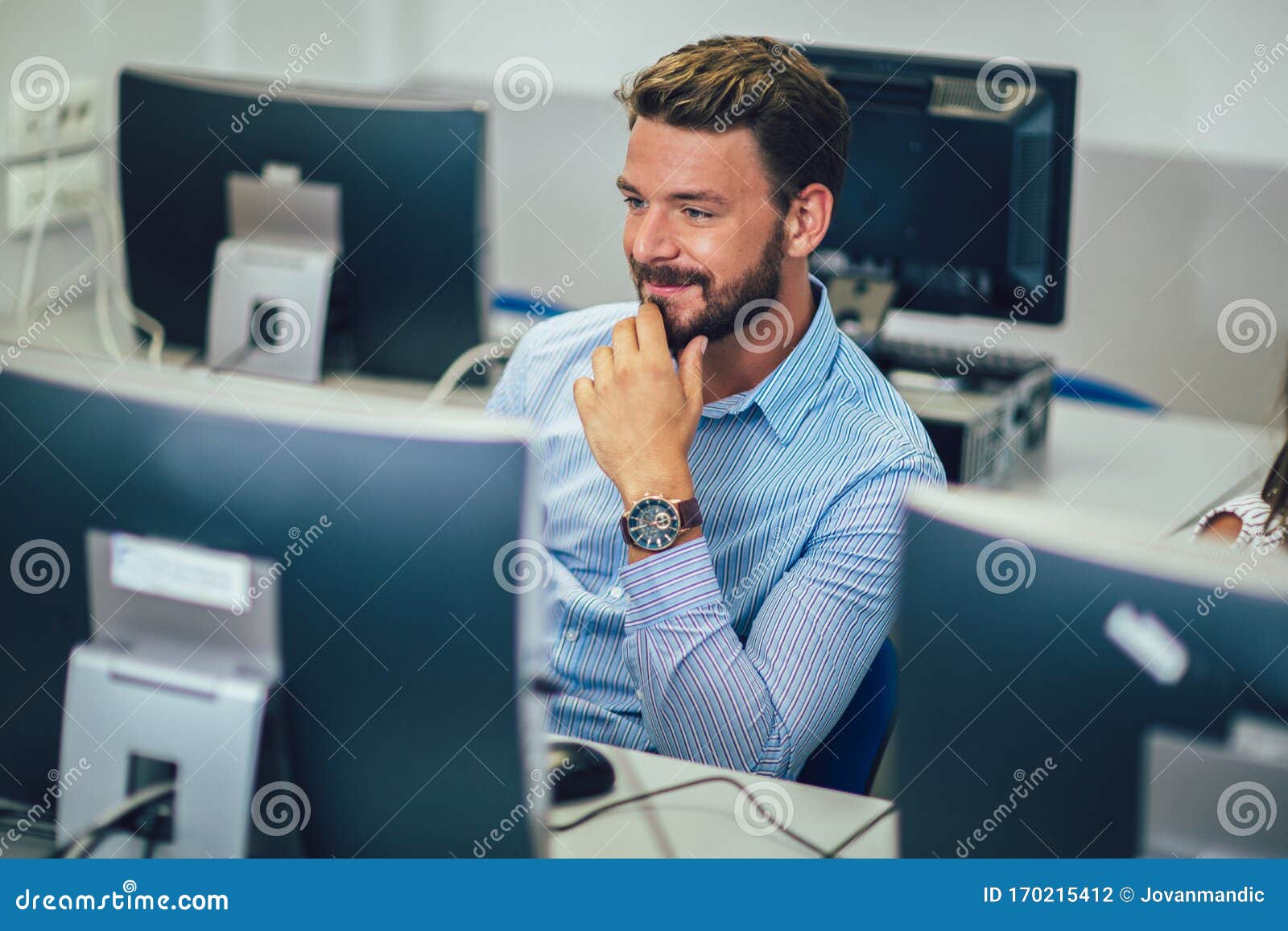 Man Working on Computer in Computer Lab Stock Photo - Image of desk ...