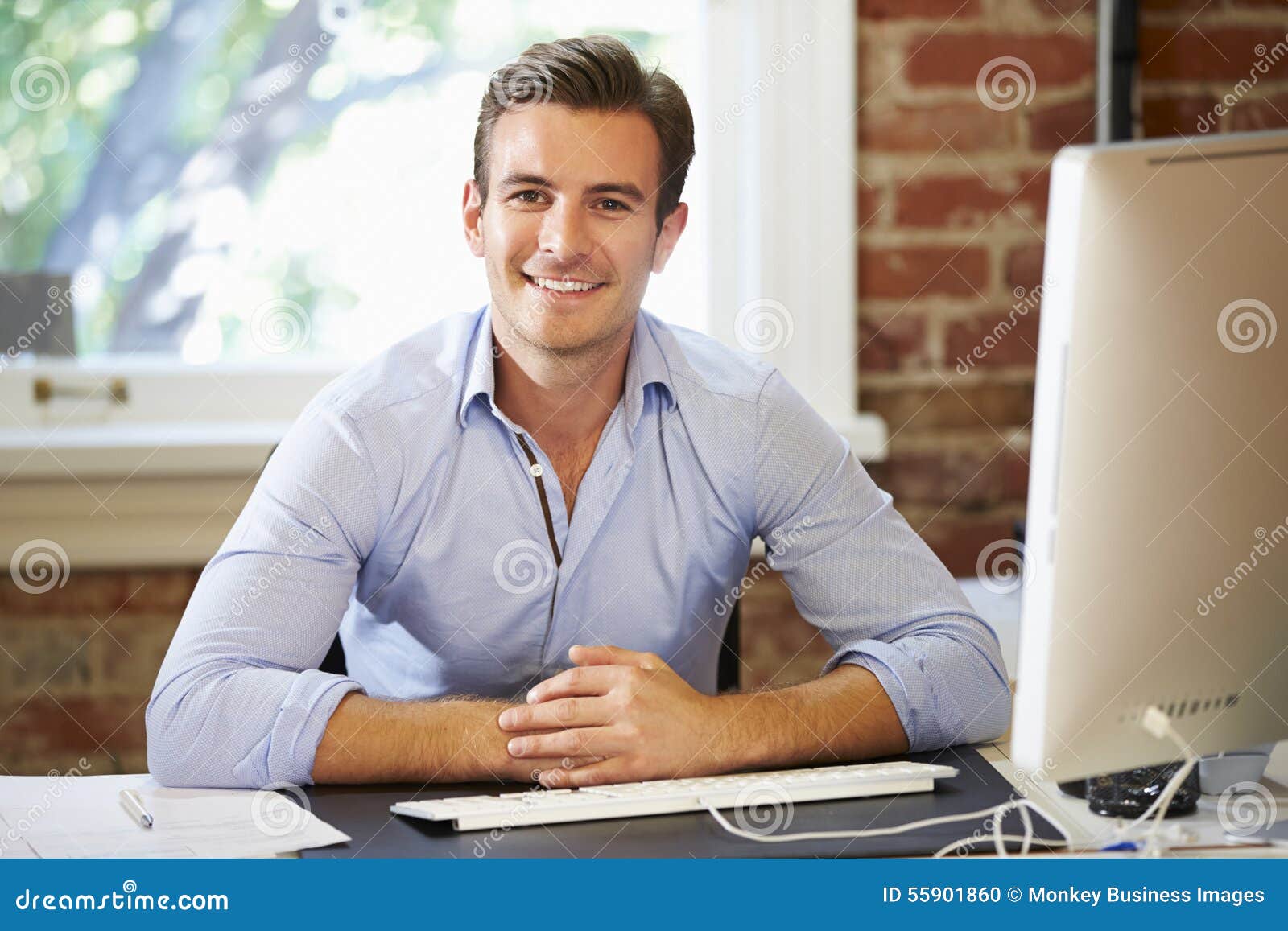 Man Working at Computer in Contemporary Office Stock Photo - Image of ...