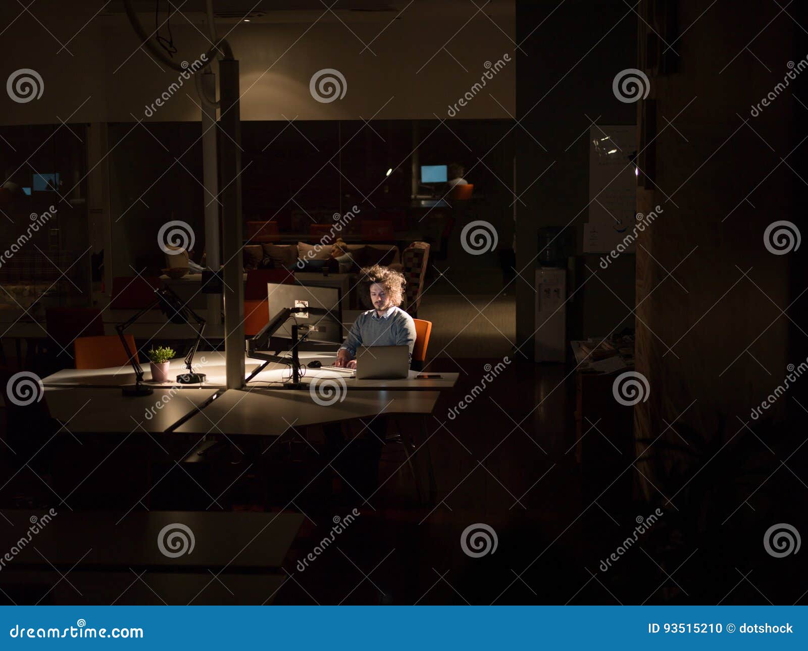 Man Working on Computer in Dark Office Stock Photo - Image of manager ...