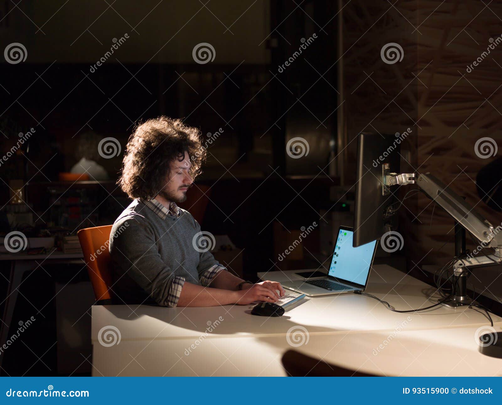 Man Working on Computer in Dark Office Stock Photo - Image of dark ...